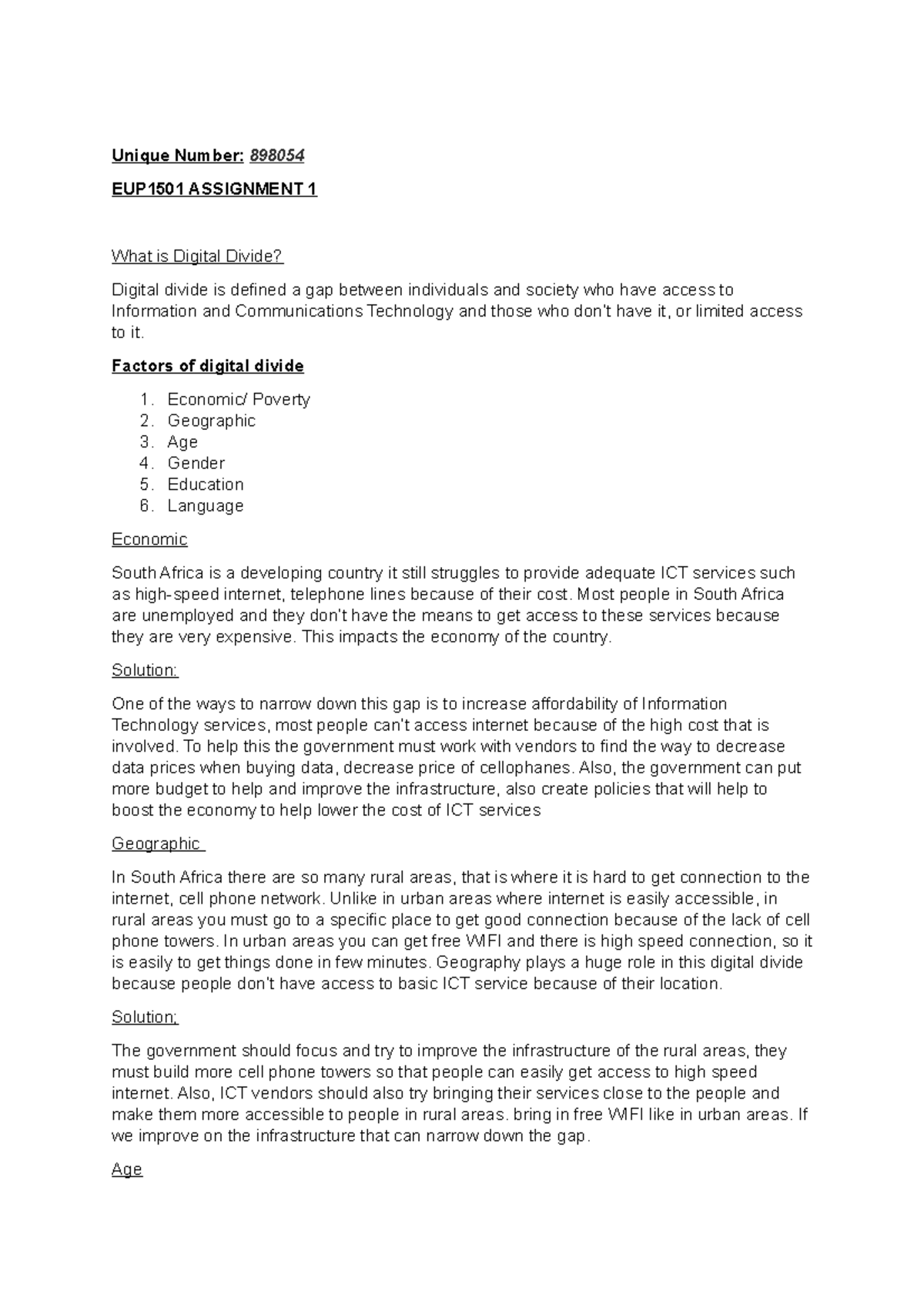 EUP1501 Assignment 1 about digital divide - Unique Number: 898054 ...