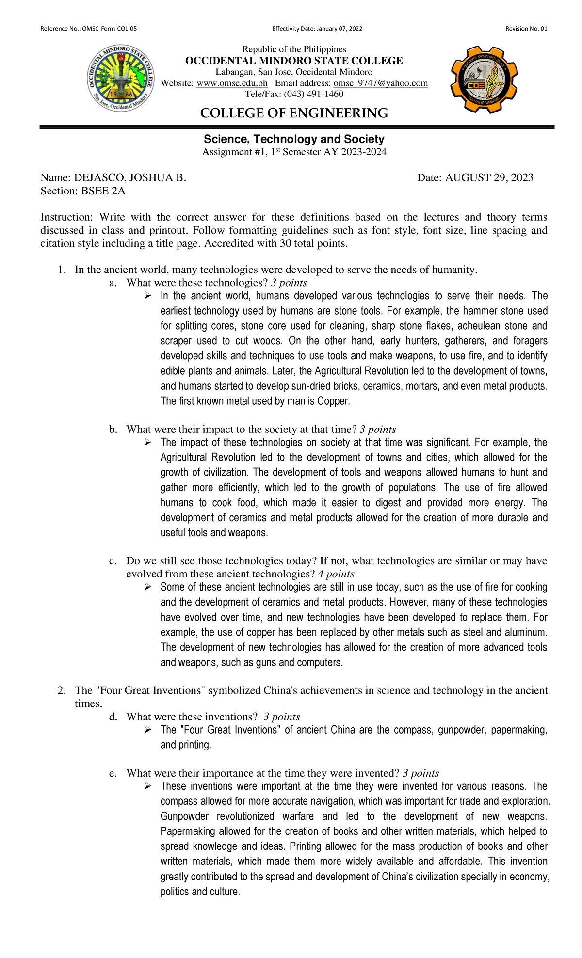 STS 1 - Notes - Reference No.: OMSC-Form-COL- 05 Effectivity Date ...