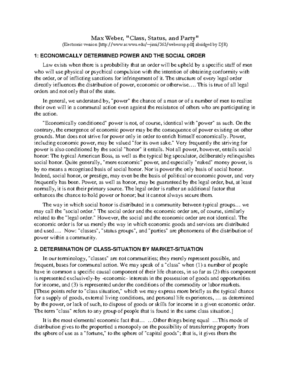 Weber 1925 Class-Status-Party - Max Weber, "Class, Status, and Party ...