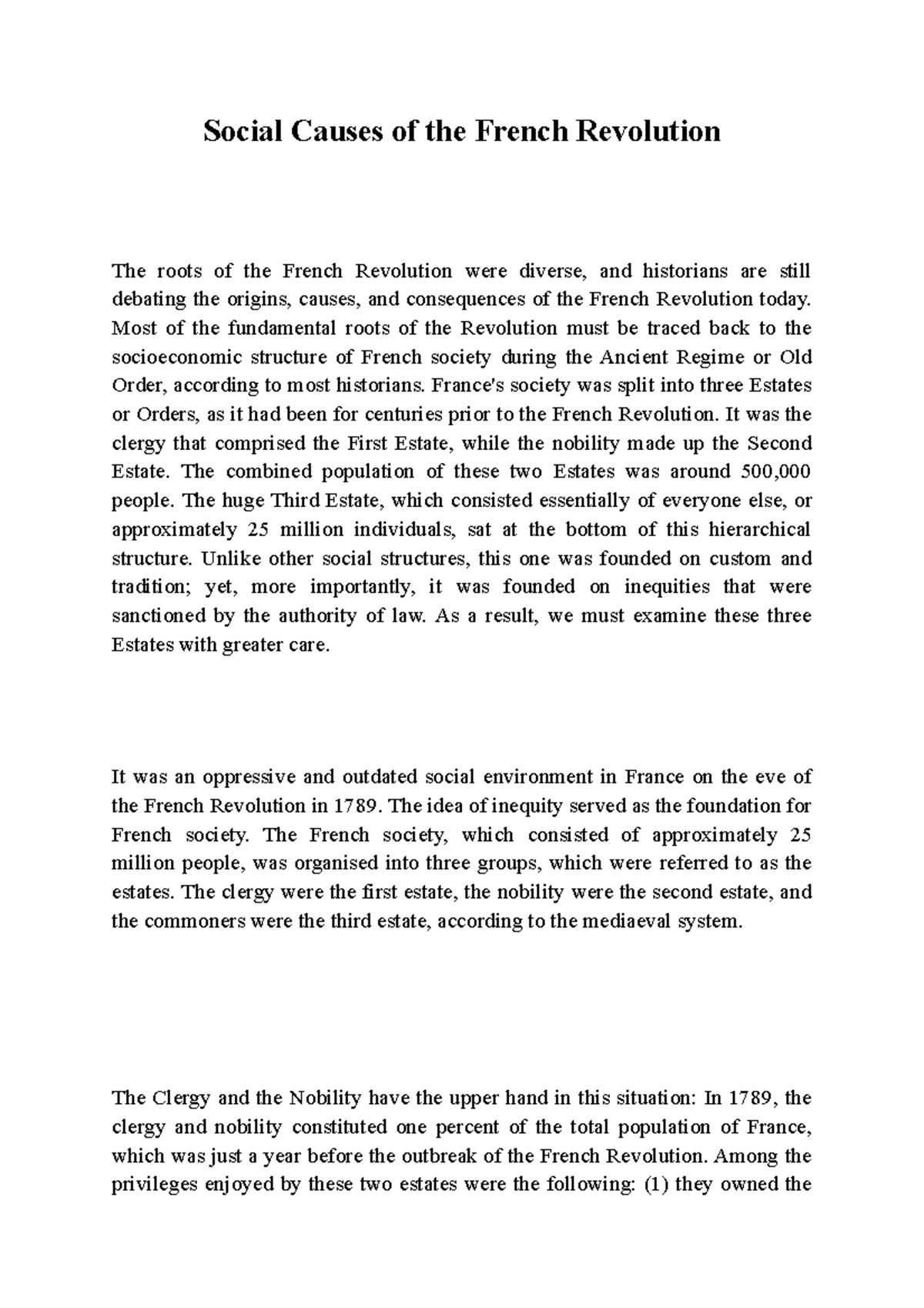 Social Causes of the French Revolution - History of Culture ...