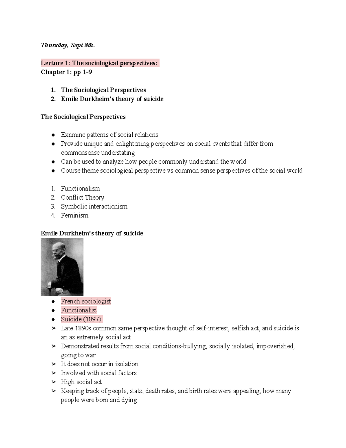 SY101- Lectures - Thursday, Sept 8th. Lecture 1: The sociological ...