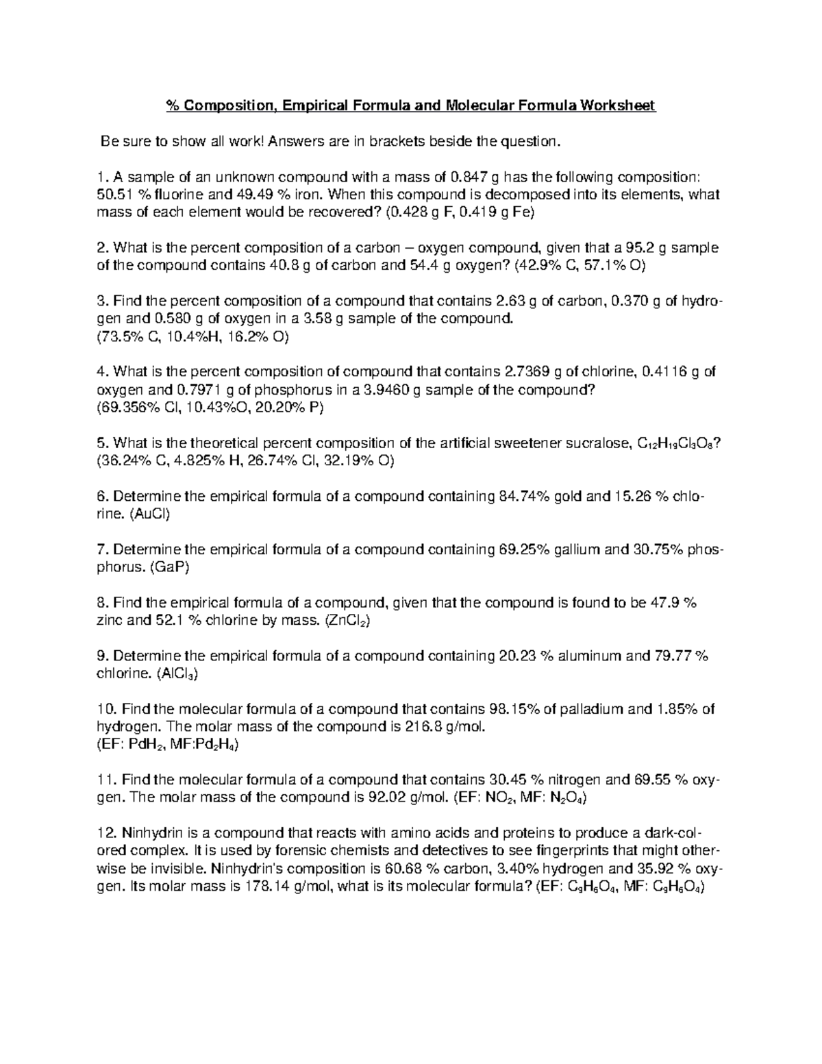 40 Molecular Mass And Percent Composition Worksheet Answers Worksheet