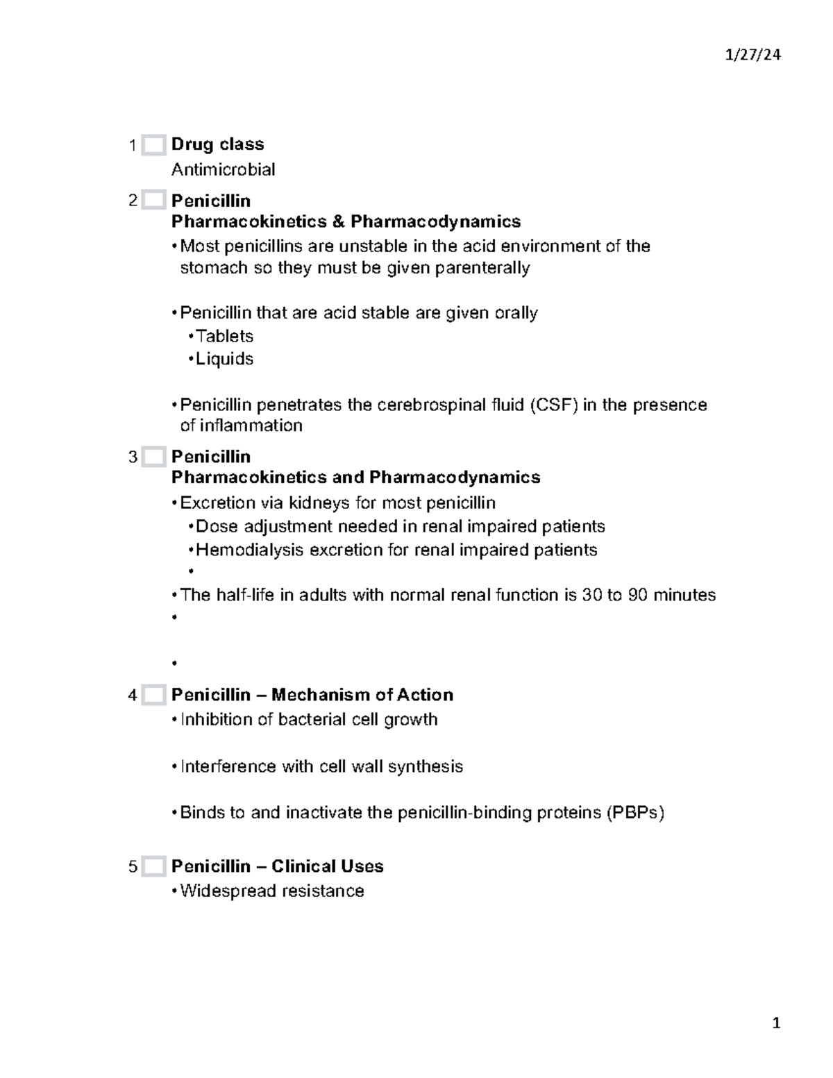 Antbx Drug class - 1/27/ 1 Drug class Antimicrobial Penicillin ...