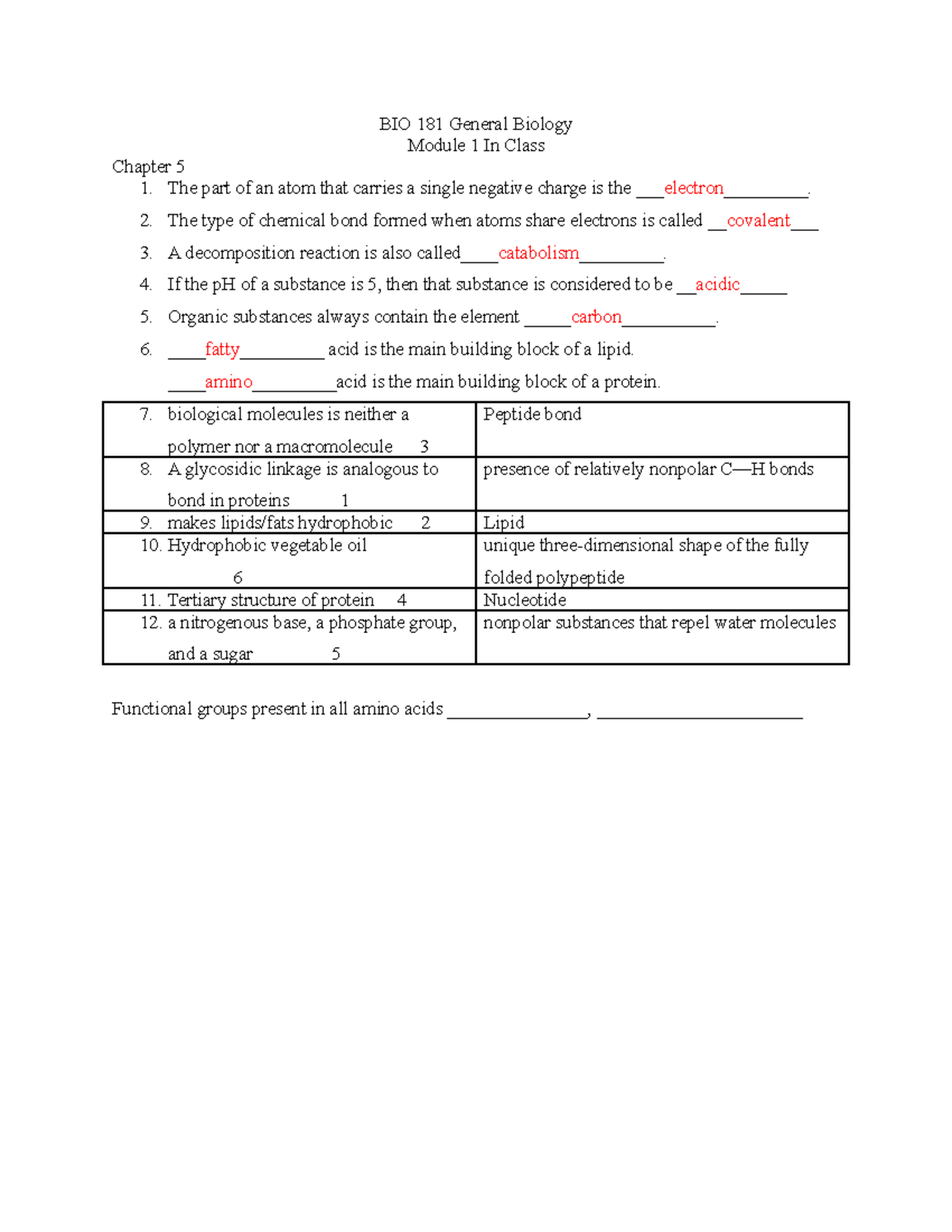 Ch 5 activiity sheet key - BIO 181 General Biology Module 1 In Class ...