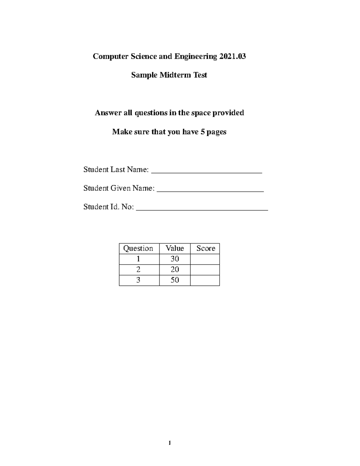 Sample Midterm Exam Computer Science And Engineering 2021 Sample Midterm Test Answer All