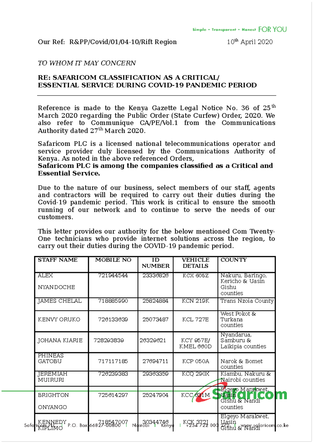 Com Twenty-One Covid 19 Curfew letter April 10 - Our Ref: R&PP/Covid/01 ...