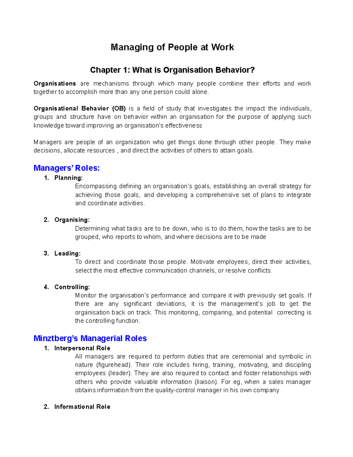 Managing People at Work Lecture Notes - Managing of People at Work ...