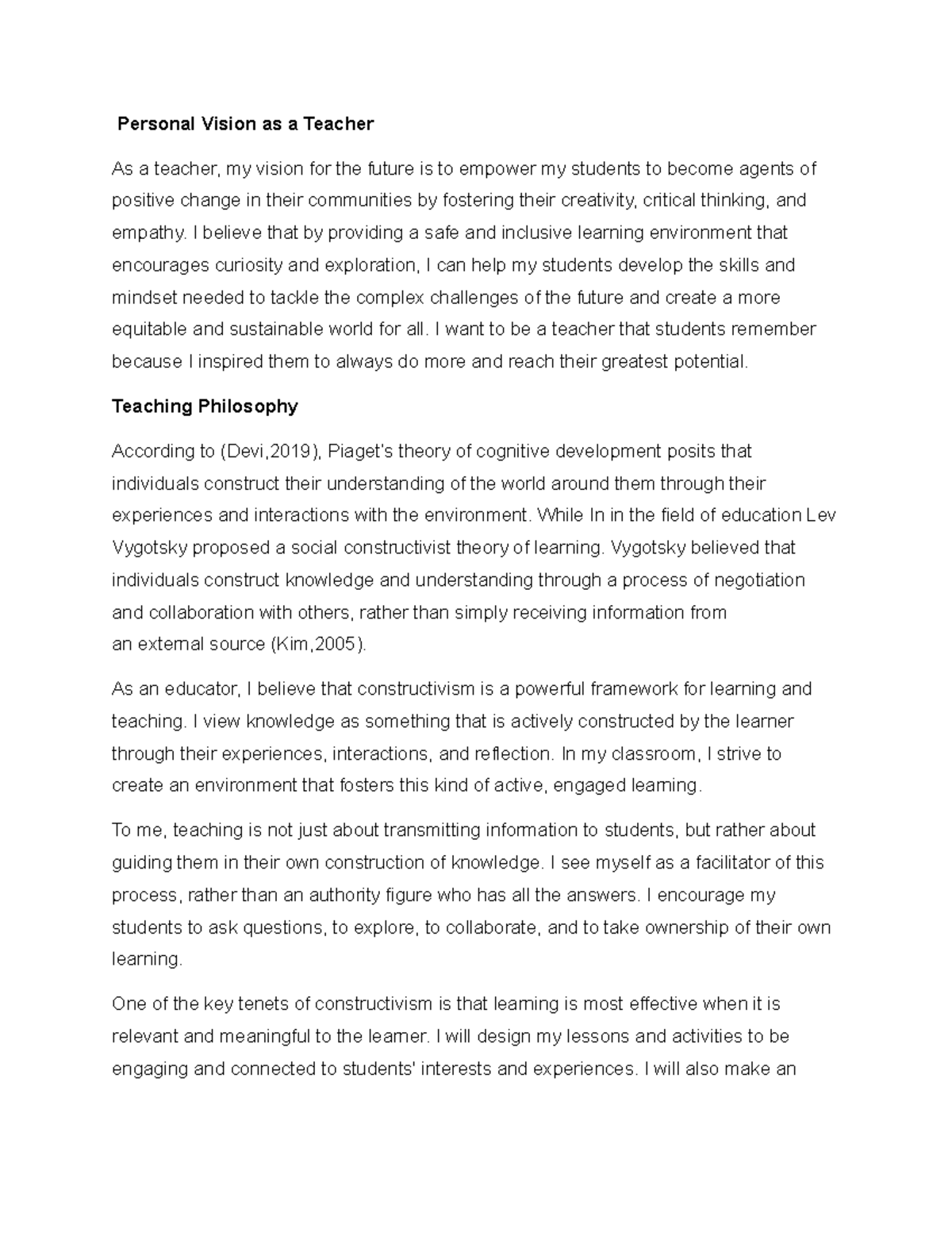 Professional reflection - Personal Vision as a Teacher As a teacher, my ...