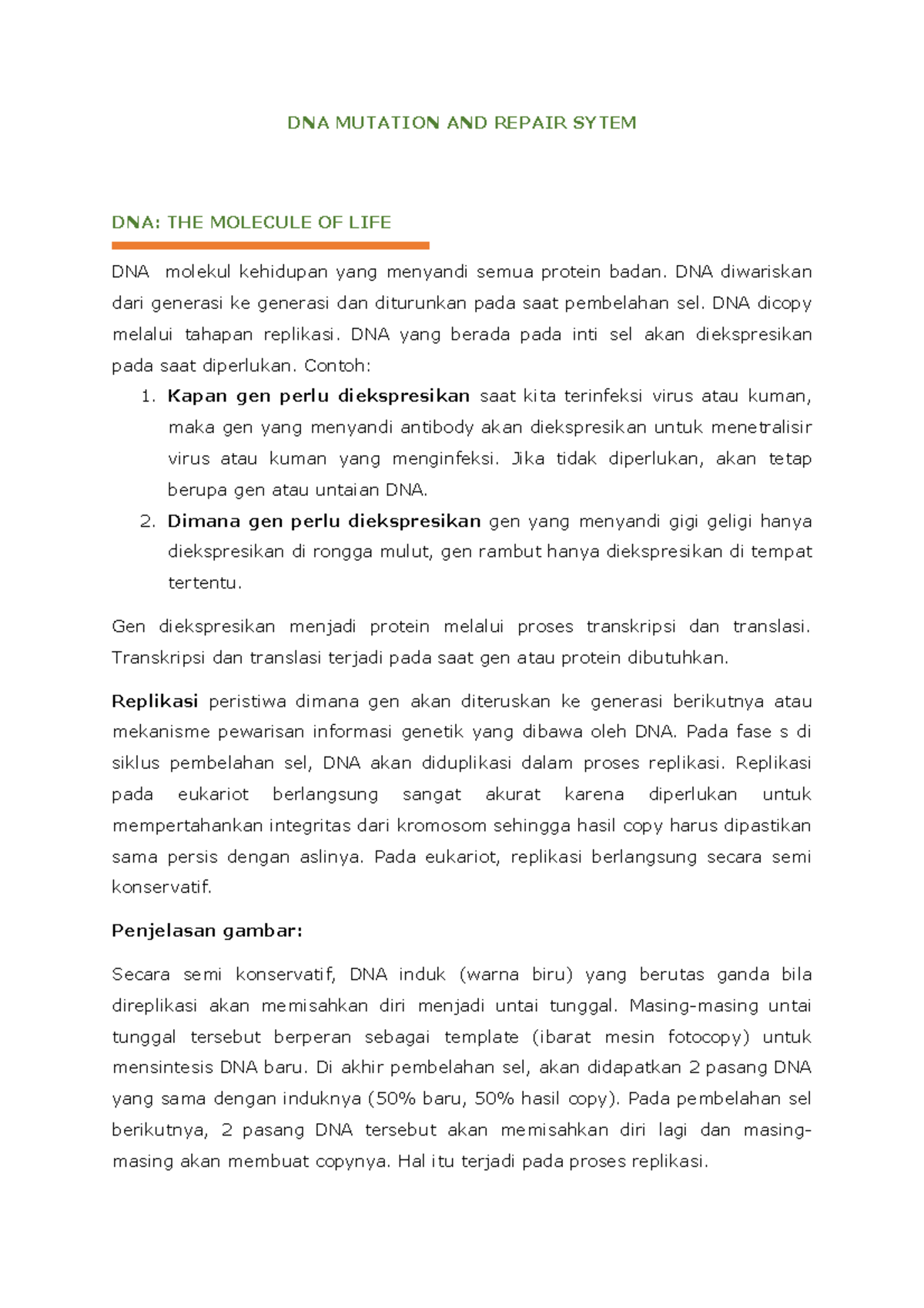 DNA Mutation and Repair System sum - DNA MUTATION AND REPAIR SYTEM DNA: THE MOLECULE OF LIFE DNA ...