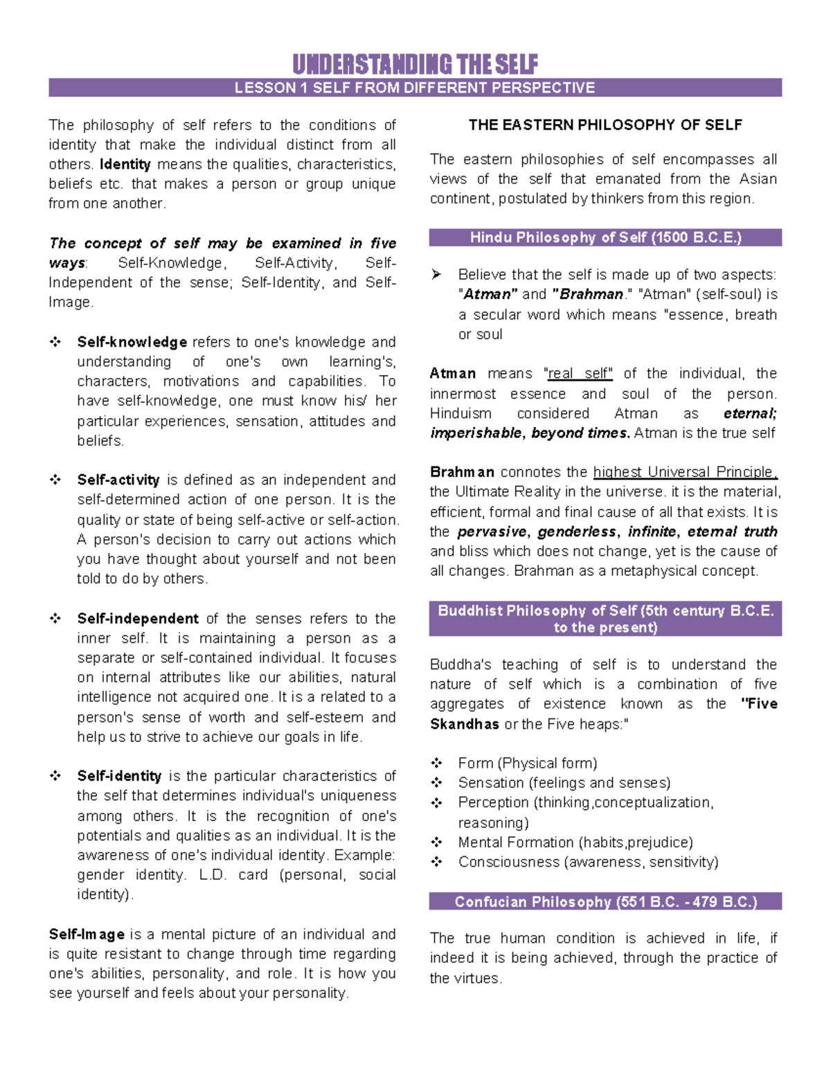 UTS L1 - Understanding the self lesson 1 - UNDERSTANDING THE SELF LESSON 1 SELF FROM DIFFERENT ...
