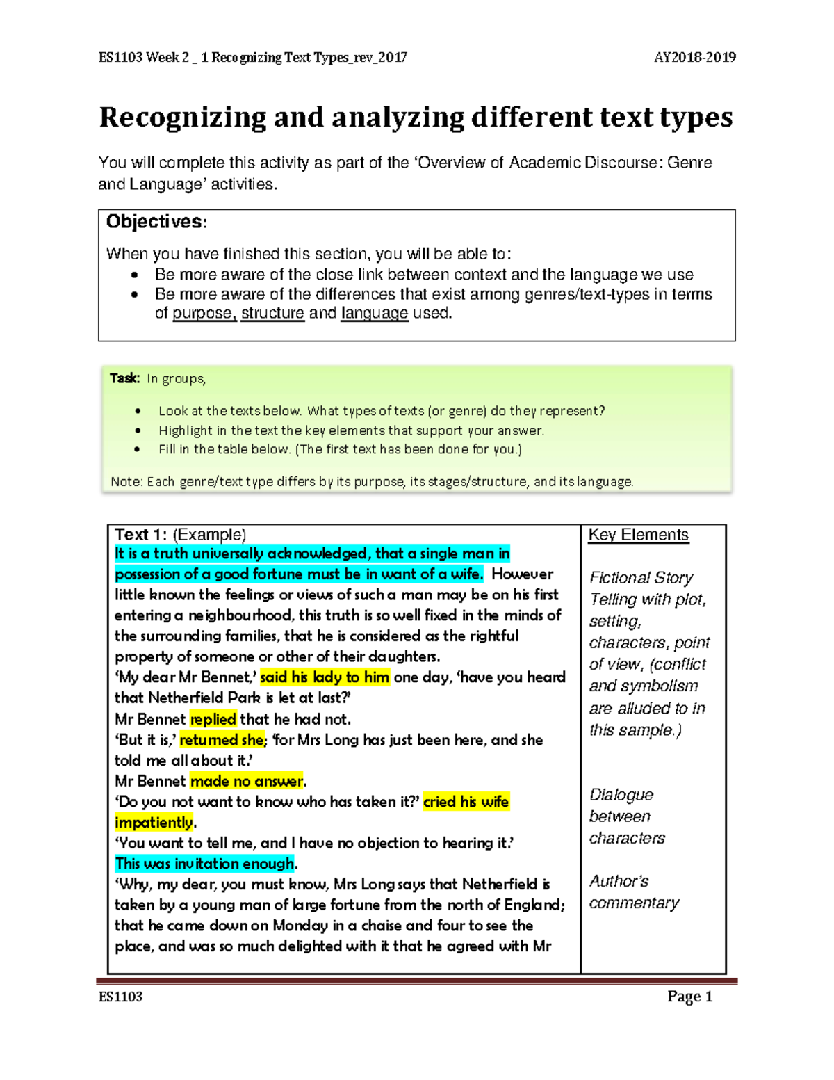 ES1103 Week 2 1 Building Genre Awareness - Recognizing and analyzing ...