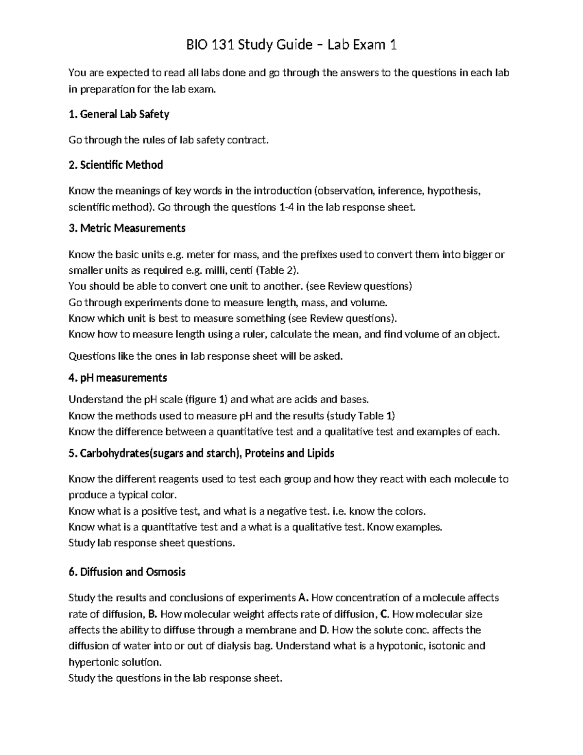 BIO 131 Study Guide 1-2 - General Lab Safety Go through the rules of ...