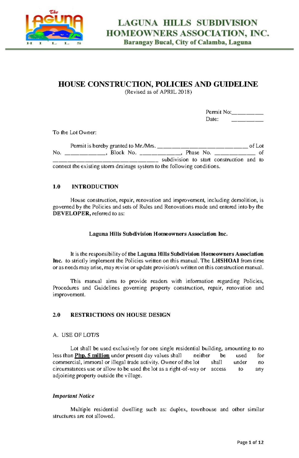 Construction Policies Guidelines 2016 - HOUSE CONSTRUCTION, POLICIES ...