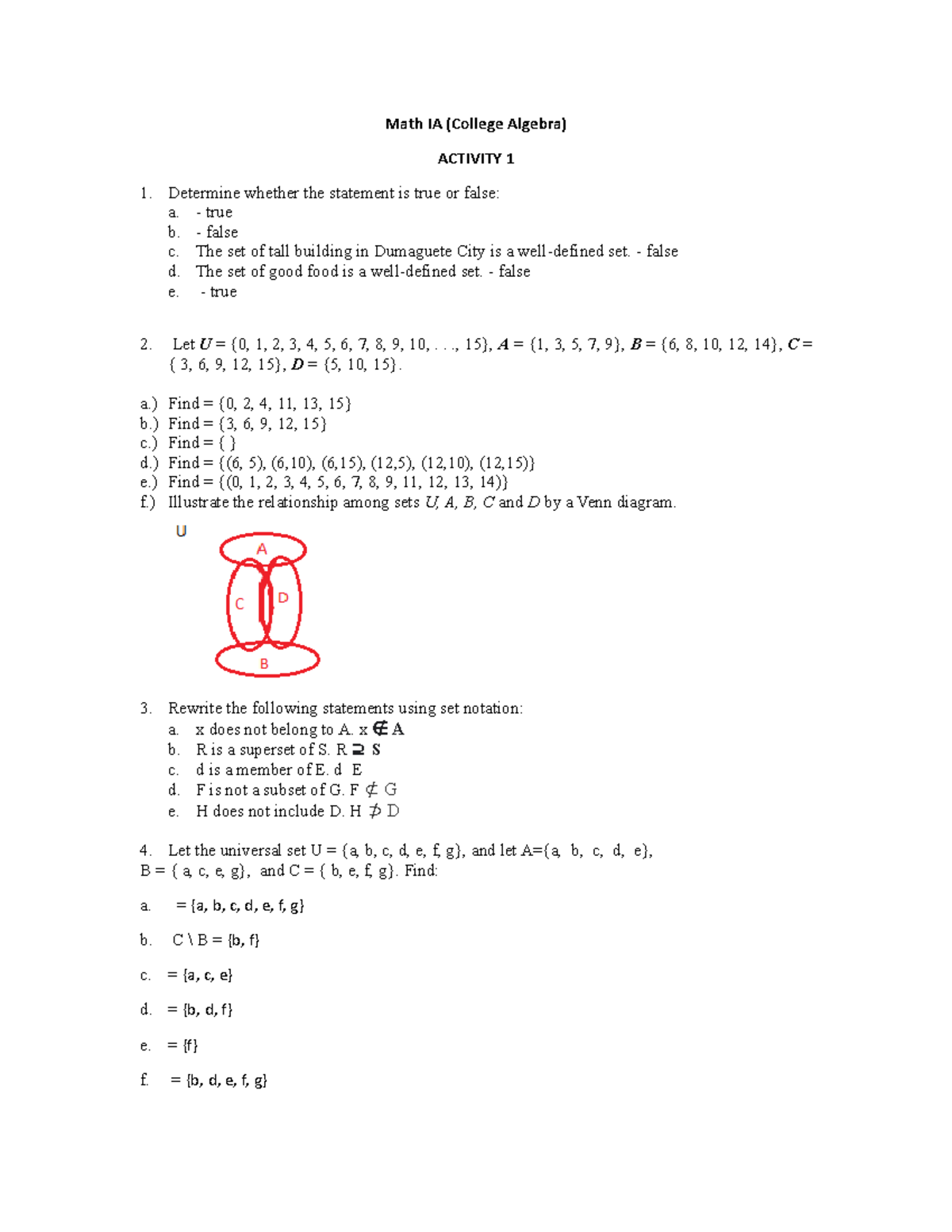 Activity 1 Sets Math IA College Algebra ACTIVITY 1 Determine