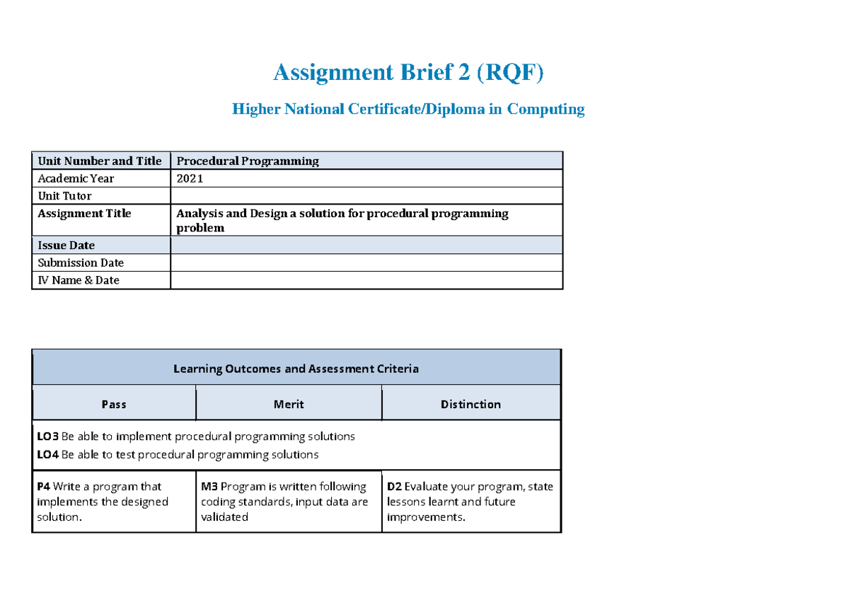 Assigment 02 Procedural Programming - Assignment Brief 2 (RQF) Higher National Certificate ...