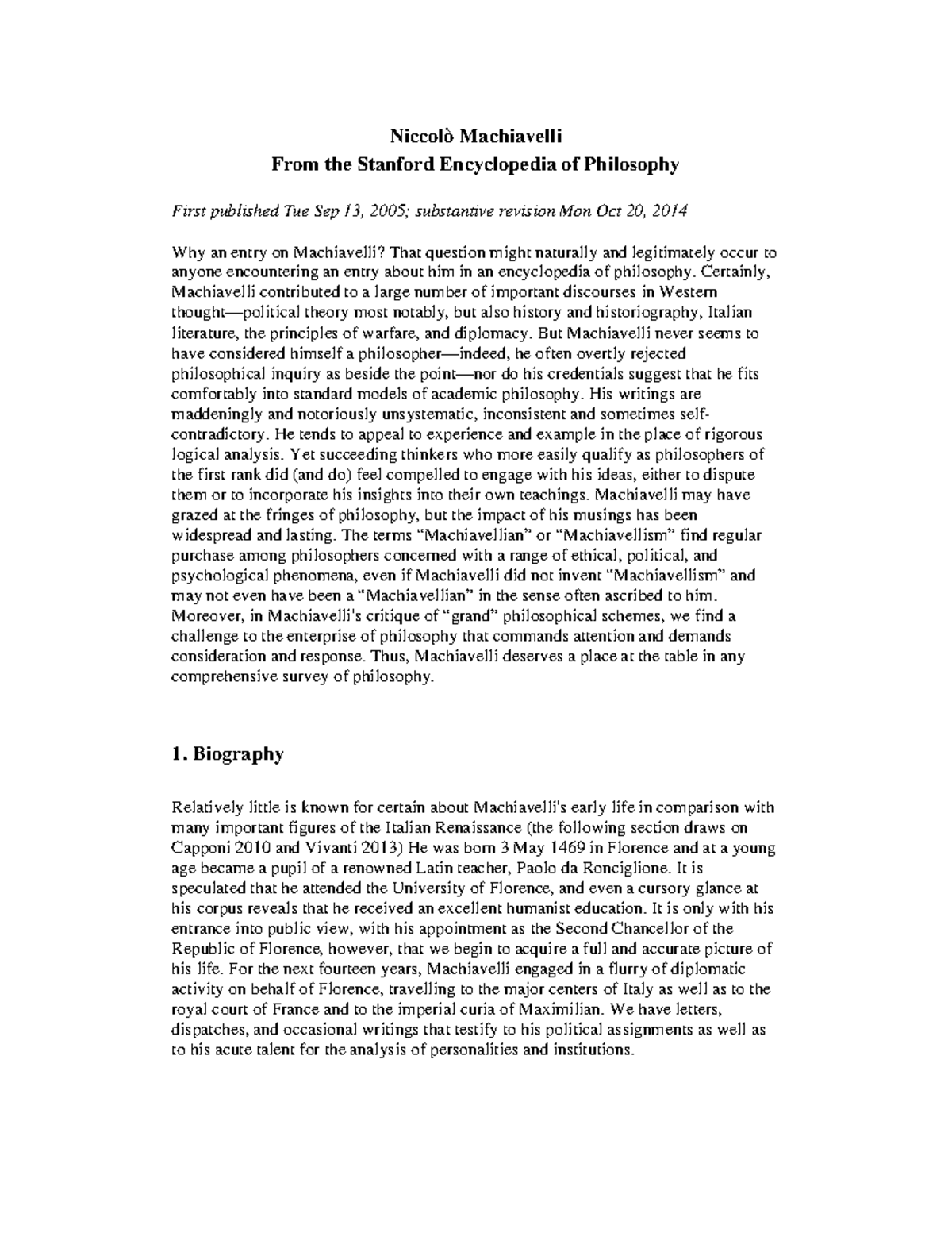 Machiavelli, Niccolo Political Philosophy (read sections 1-5 ...