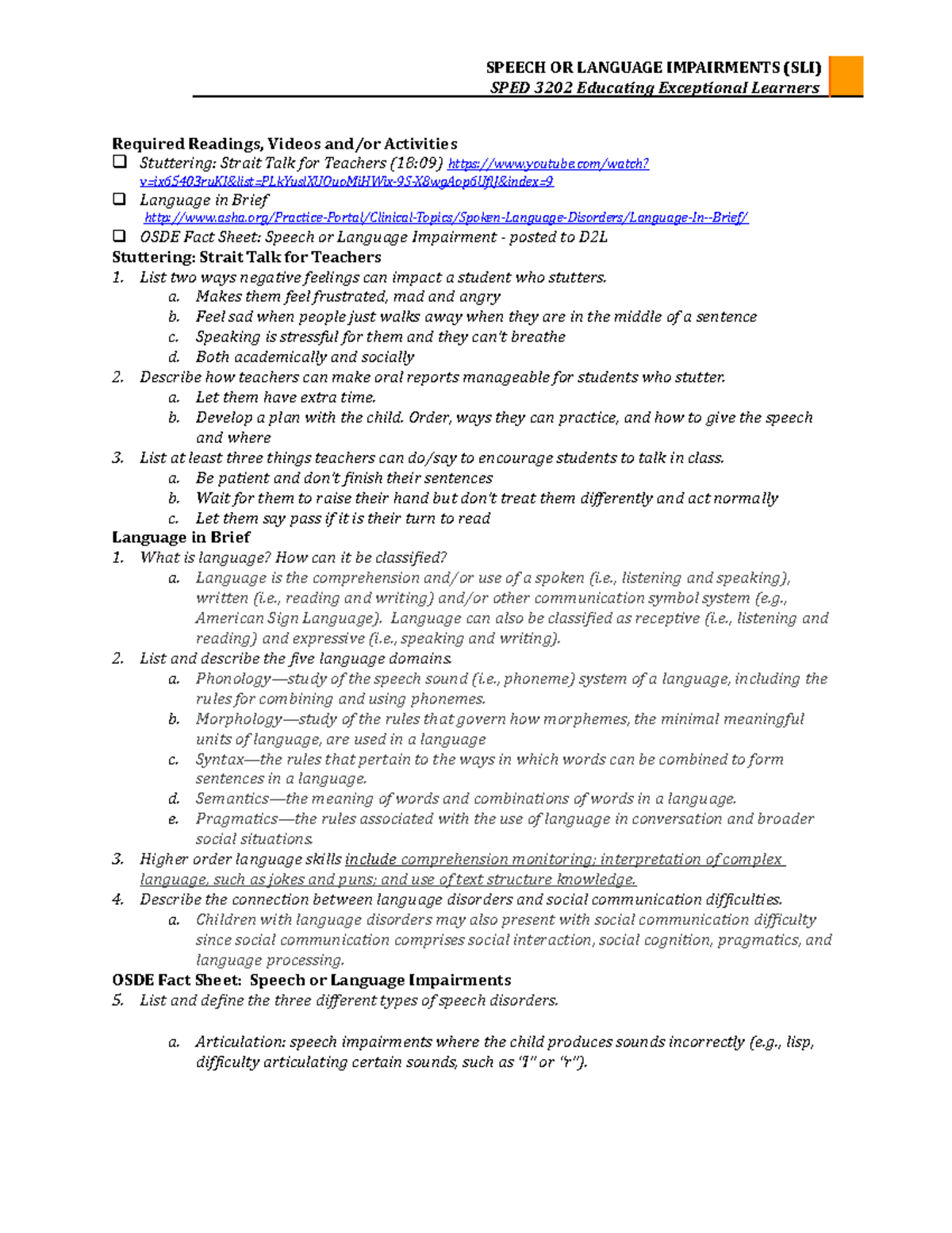 Study Guide #6-2 - SPEECH OR LANGUAGE IMPAIRMENTS (SLI) SPED 3202 ...