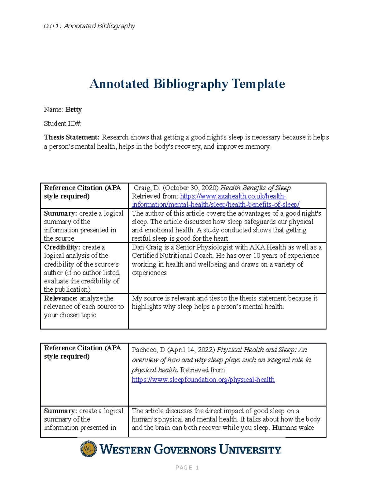 Annotated Bibliography Template - Reference Citation (APA style ...