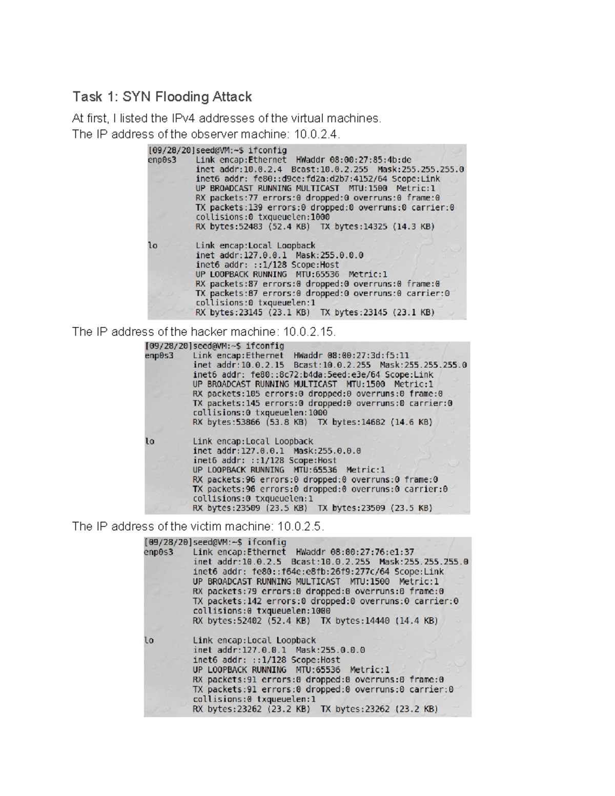 Lab 1 TCP IP Attacks - Task 1: SYN Flooding Attack At first, I listed the IPv4 addresses of the ...