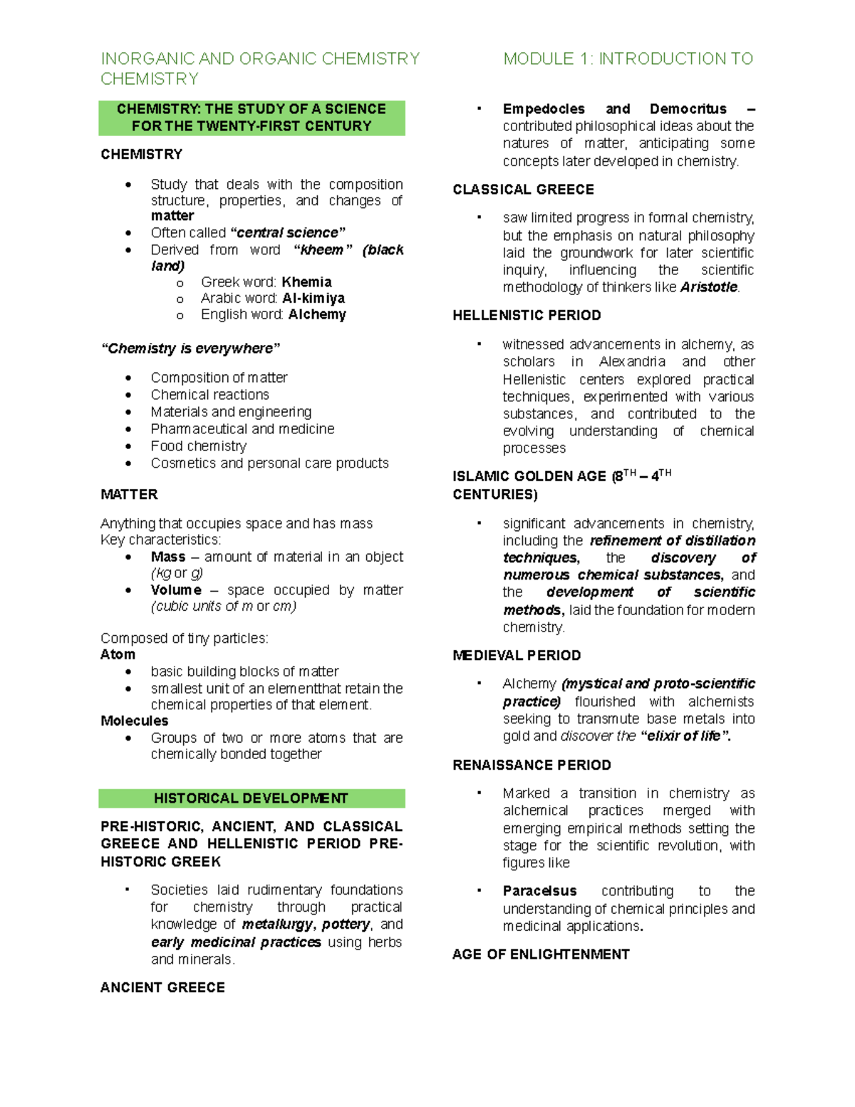 Module 1 - Introduction TO Chemistry - INORGANIC AND ORGANIC CHEMISTRY ...