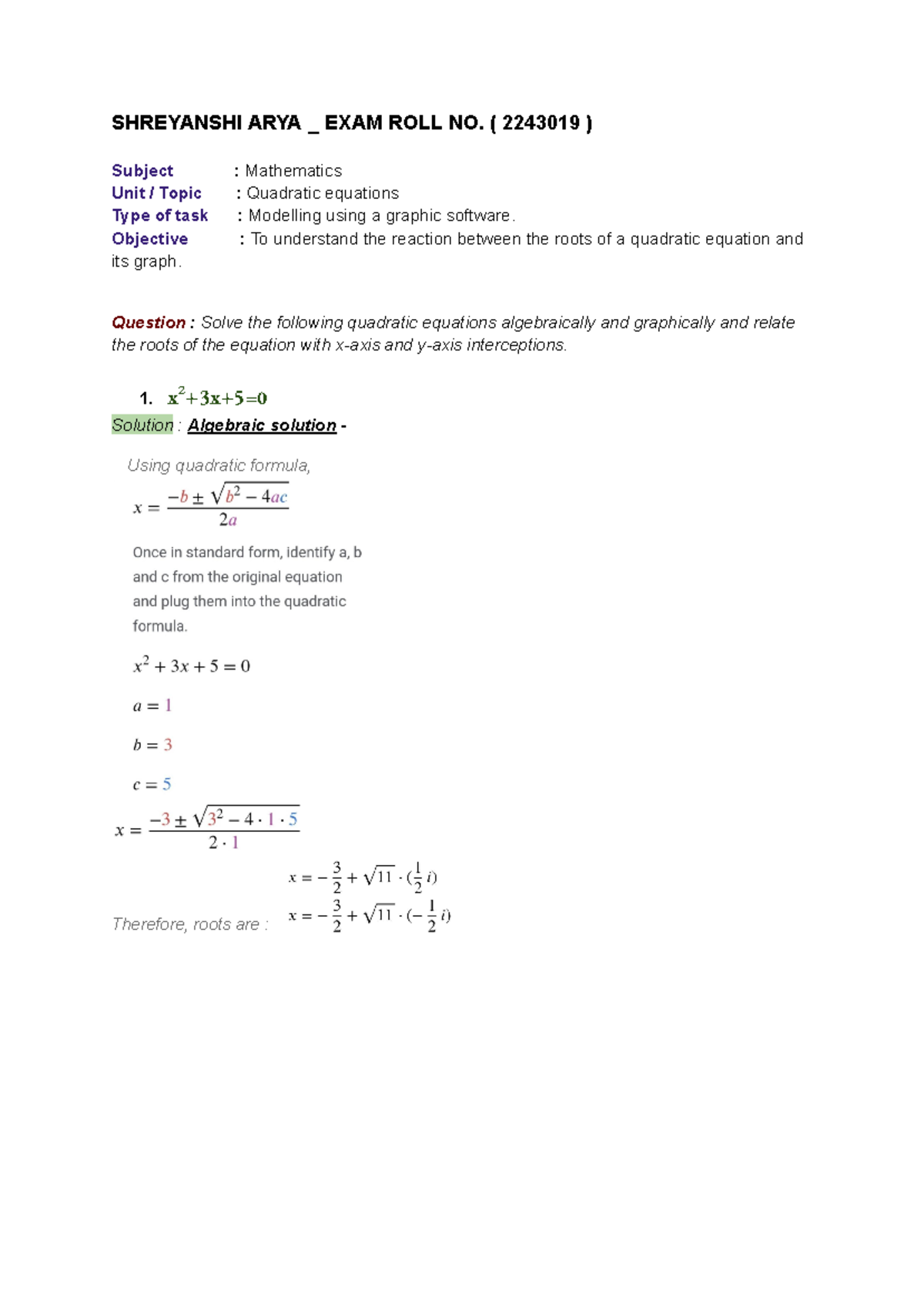 Maths project Shreyanshi Arya XI A - Subject : Mathematics Unit / Topic ...