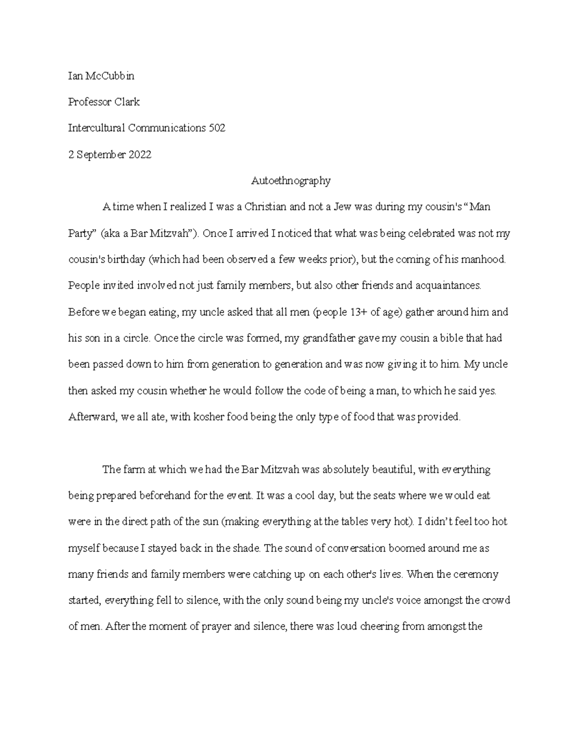 Autoethnography - Ian McCubbin Professor Clark Intercultural ...