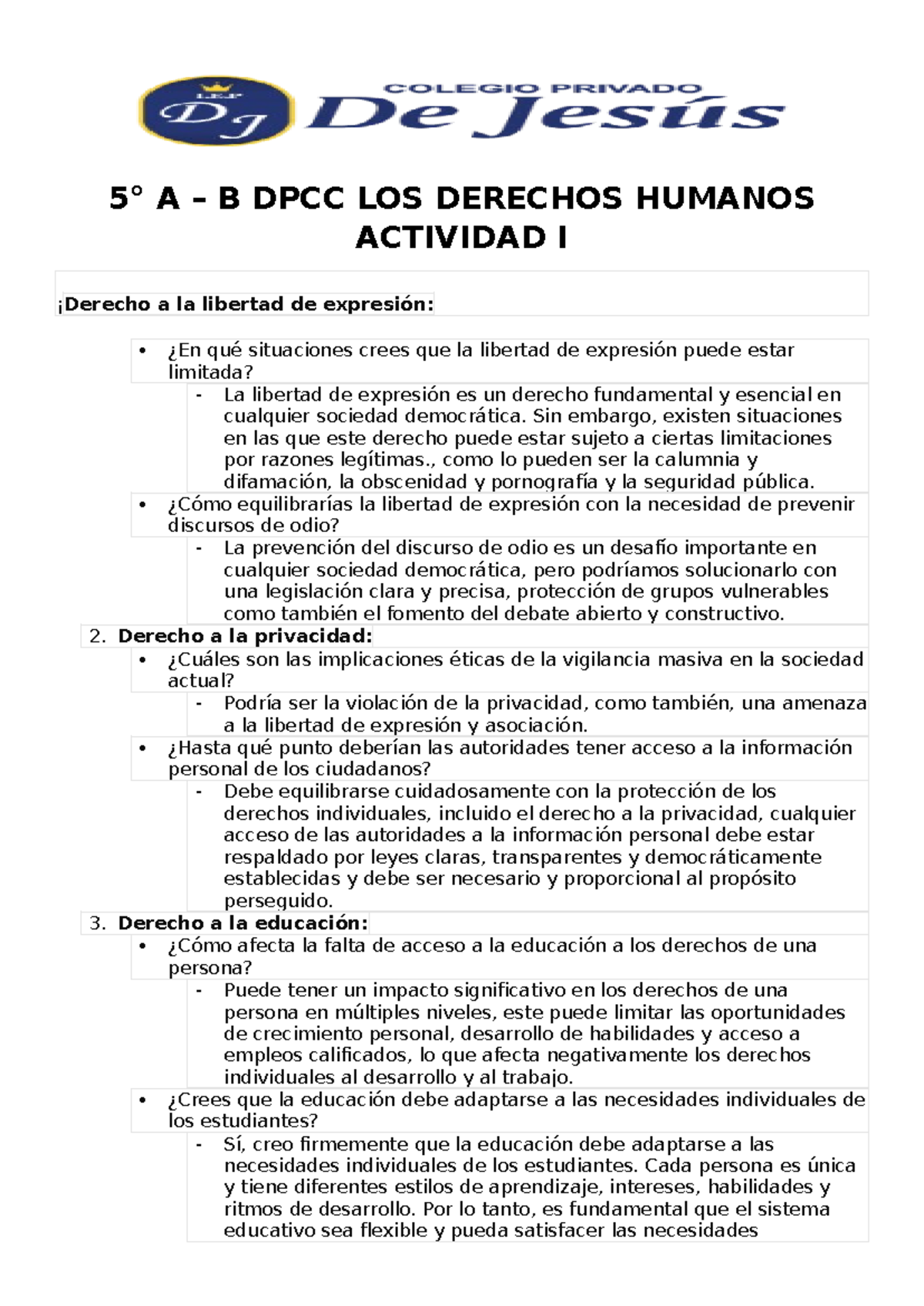 5° A B DPCC LOS Derechos Humanos Actividad I - 5° A – B DPCC LOS DERECHOS HUMANOS ACTIVIDAD I ...