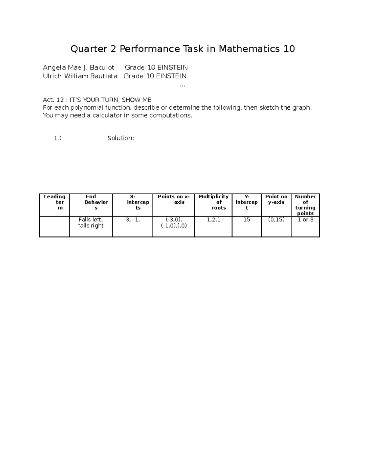 Angela PT MATH - activity - Quarter 2 Performance Task in Mathematics 10 Angela Mae J. Baculot ...