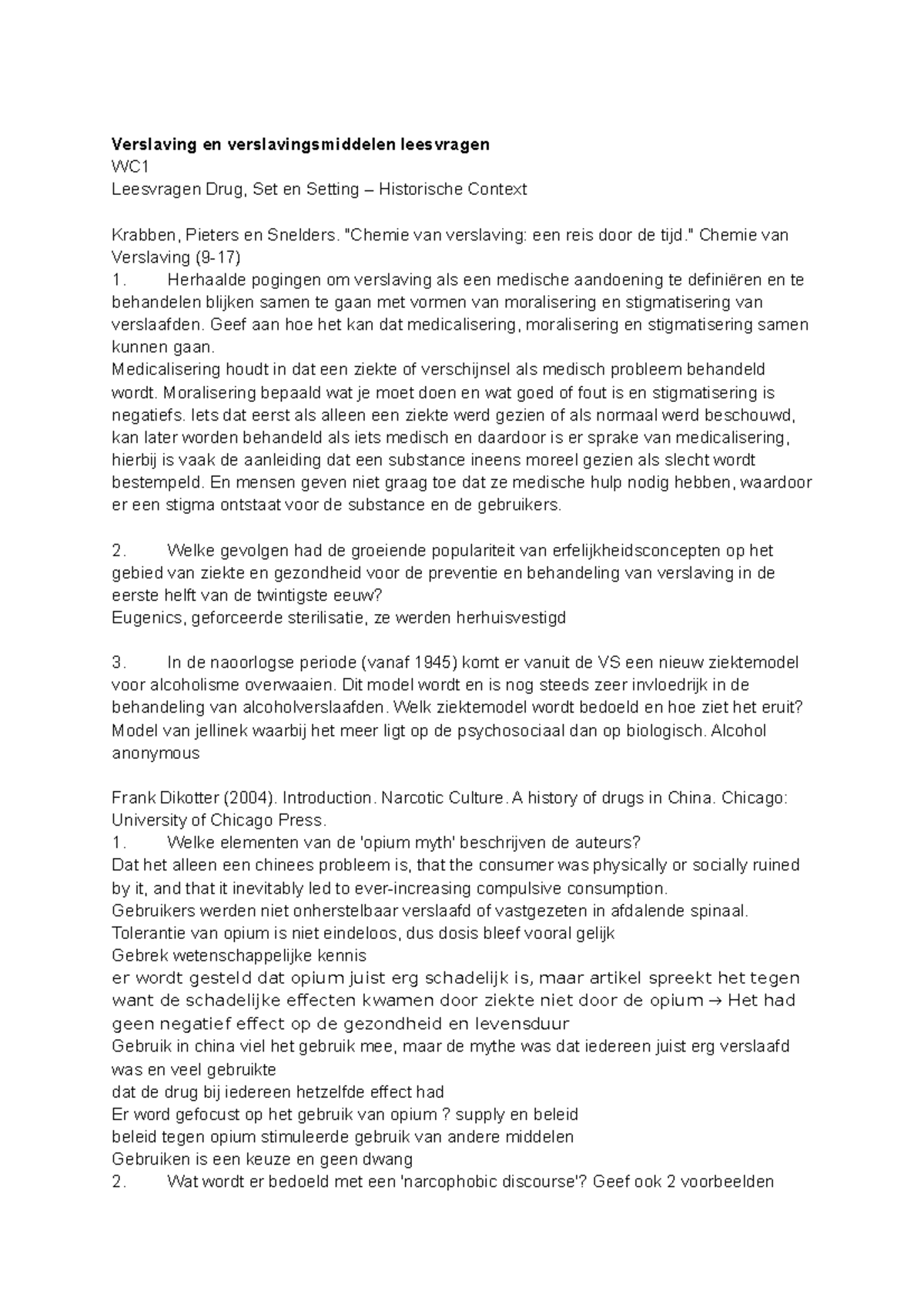 Verslaving en verslavingsmiddelen leesvragen Historische context ...