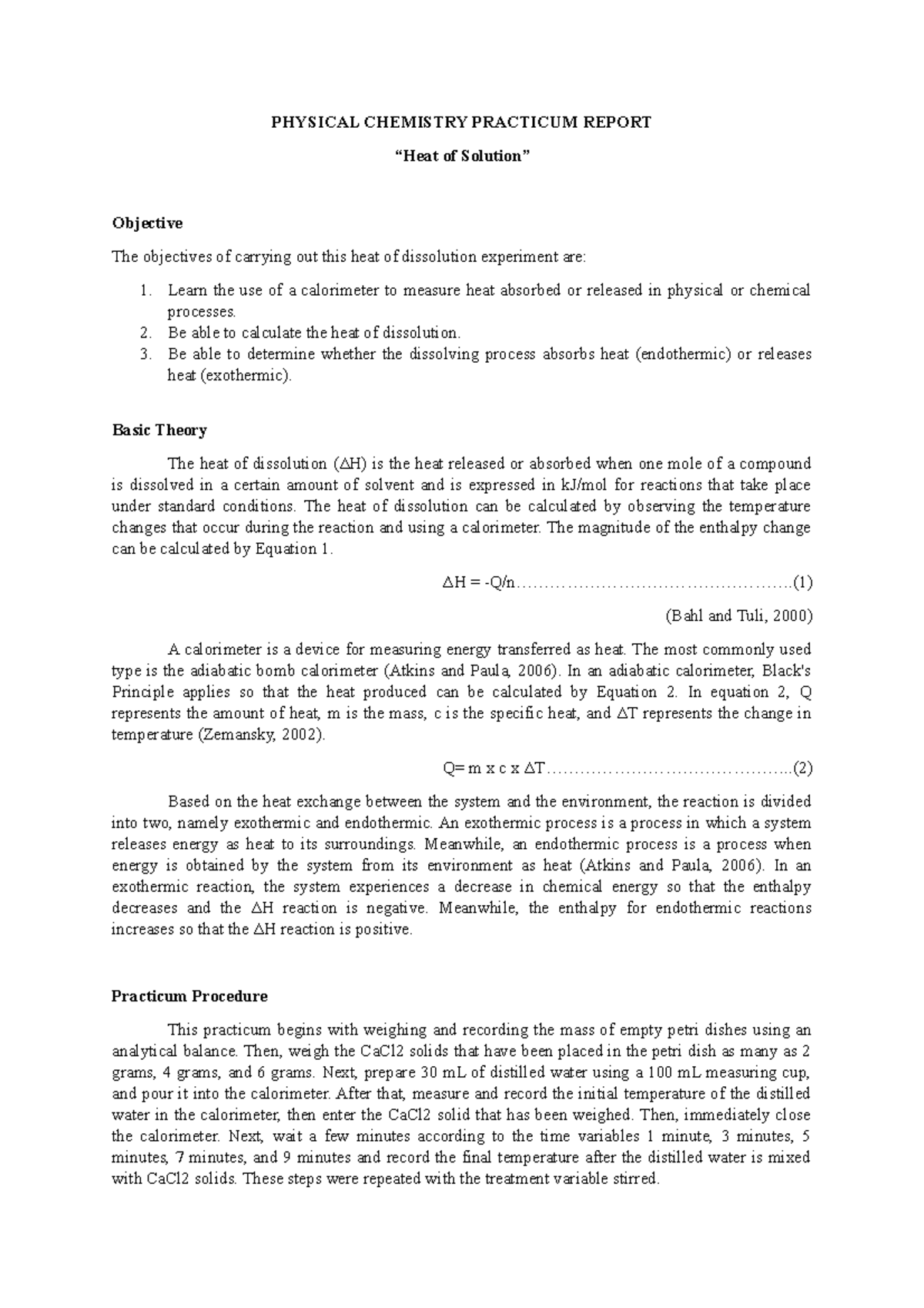 Physical Chemistry Practicum Report Heat of Solution - PHYSICAL ...