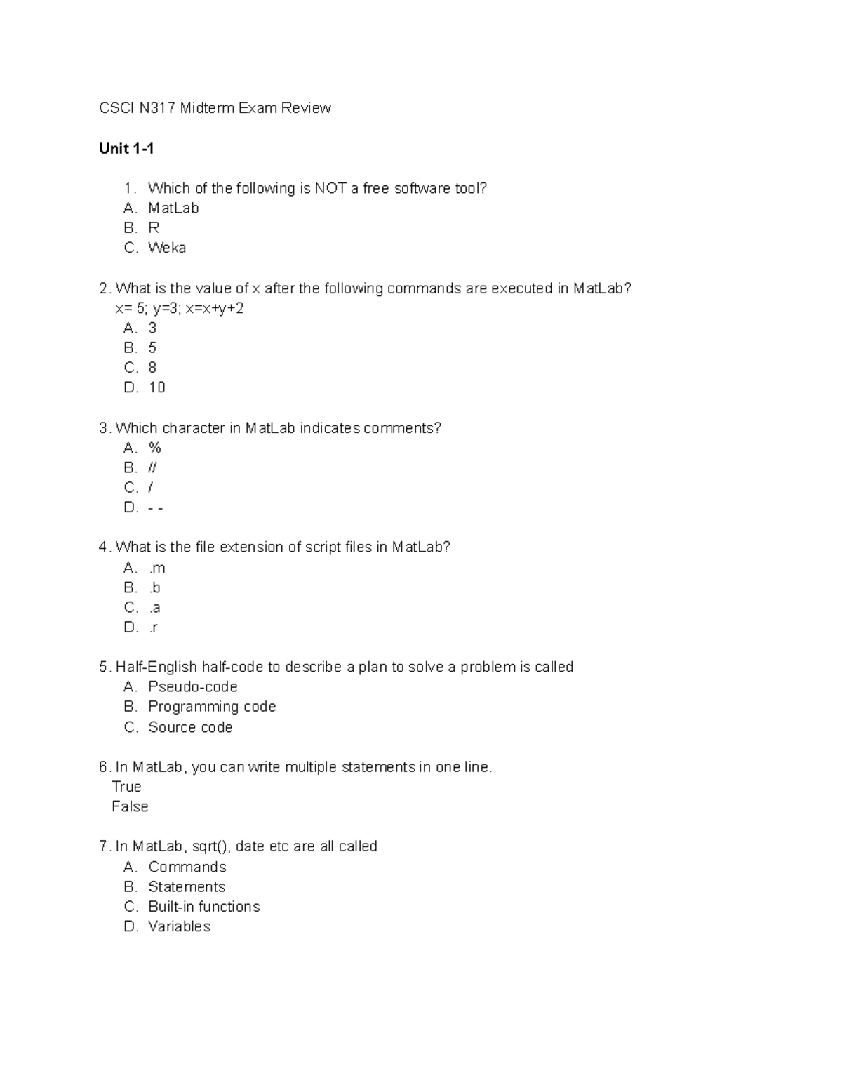 N317 Mid Term Review Without Keys - CSCI N317 Midterm Exam Review Unit 1- Which of the following ...