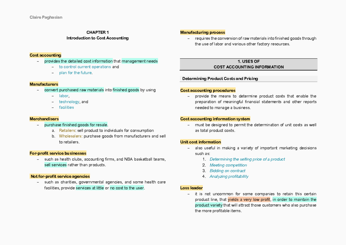 Introduction OF COST Accounting - CHAPTER 1 Introduction to Cost ...