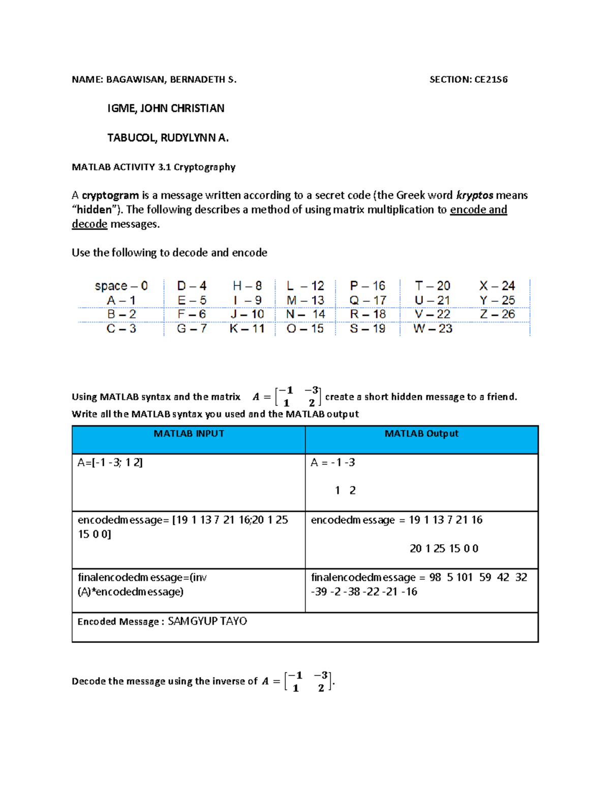 Matlab-3 - adsdasadsasdasd - NAME: BAGAWISAN, BERNADETH S. SECTION ...