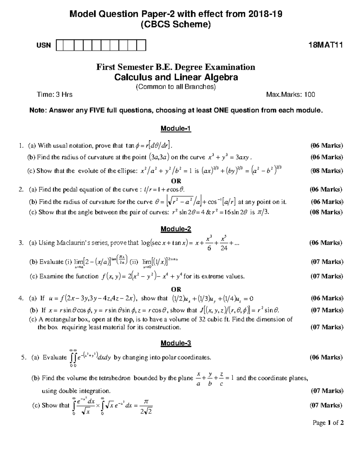 18mat111 - its a maths notes - Page 1 of 2 Model Question Paper-2 with ...
