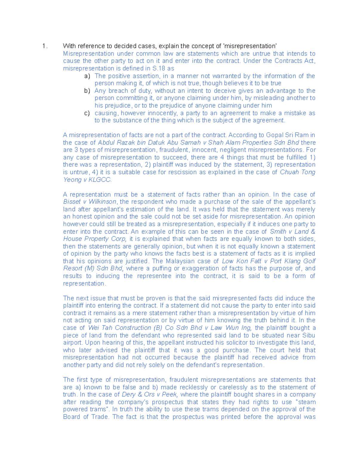 Concept of misrepresentation - With reference to decided cases, explain ...