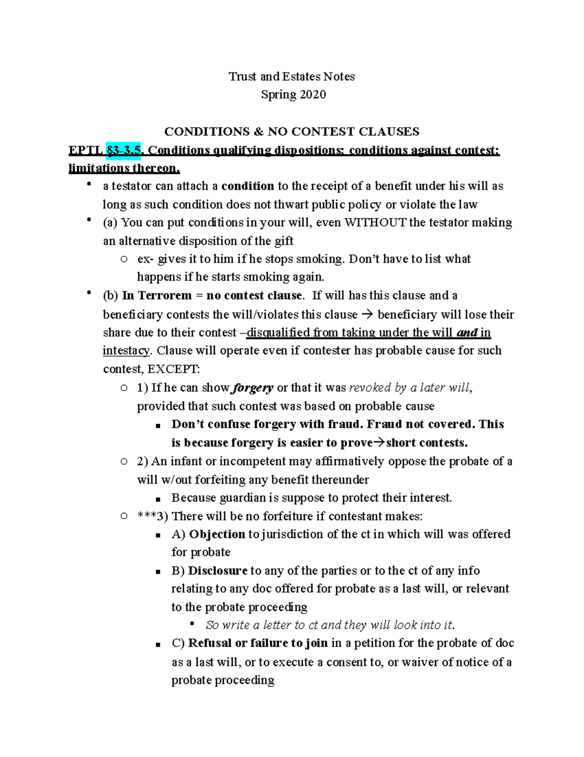 Conditions & NO Contest Clauses - Trust and Estates Notes Spring 2020 ...