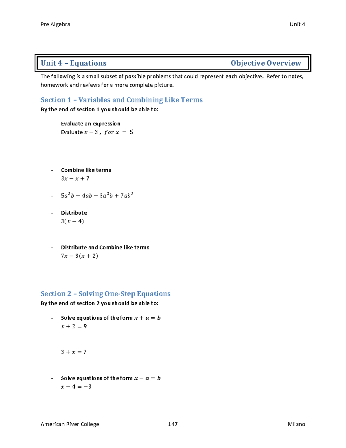 Unit 4equation - Course work - Pre Algebra Unit 4 Unit 4 – Equations ...