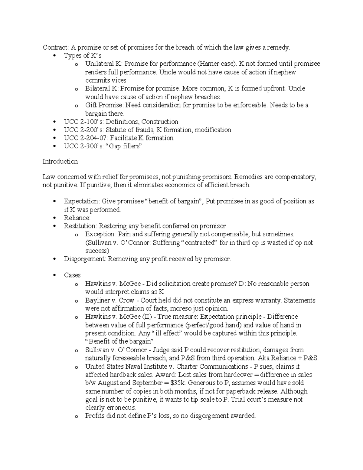 Sokolow Contracts Outline - Contract: A promise or set of promises for ...