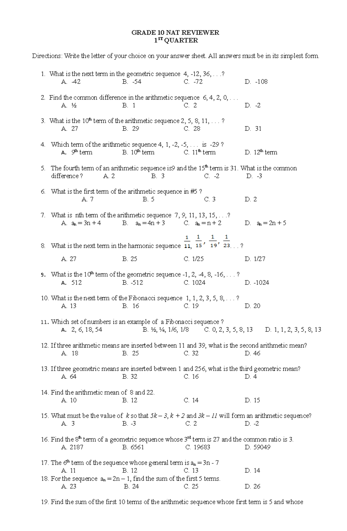 297244254 NAT Reviewer GRADE 10 NAT REVIEWER 1 ST QUARTER Directions