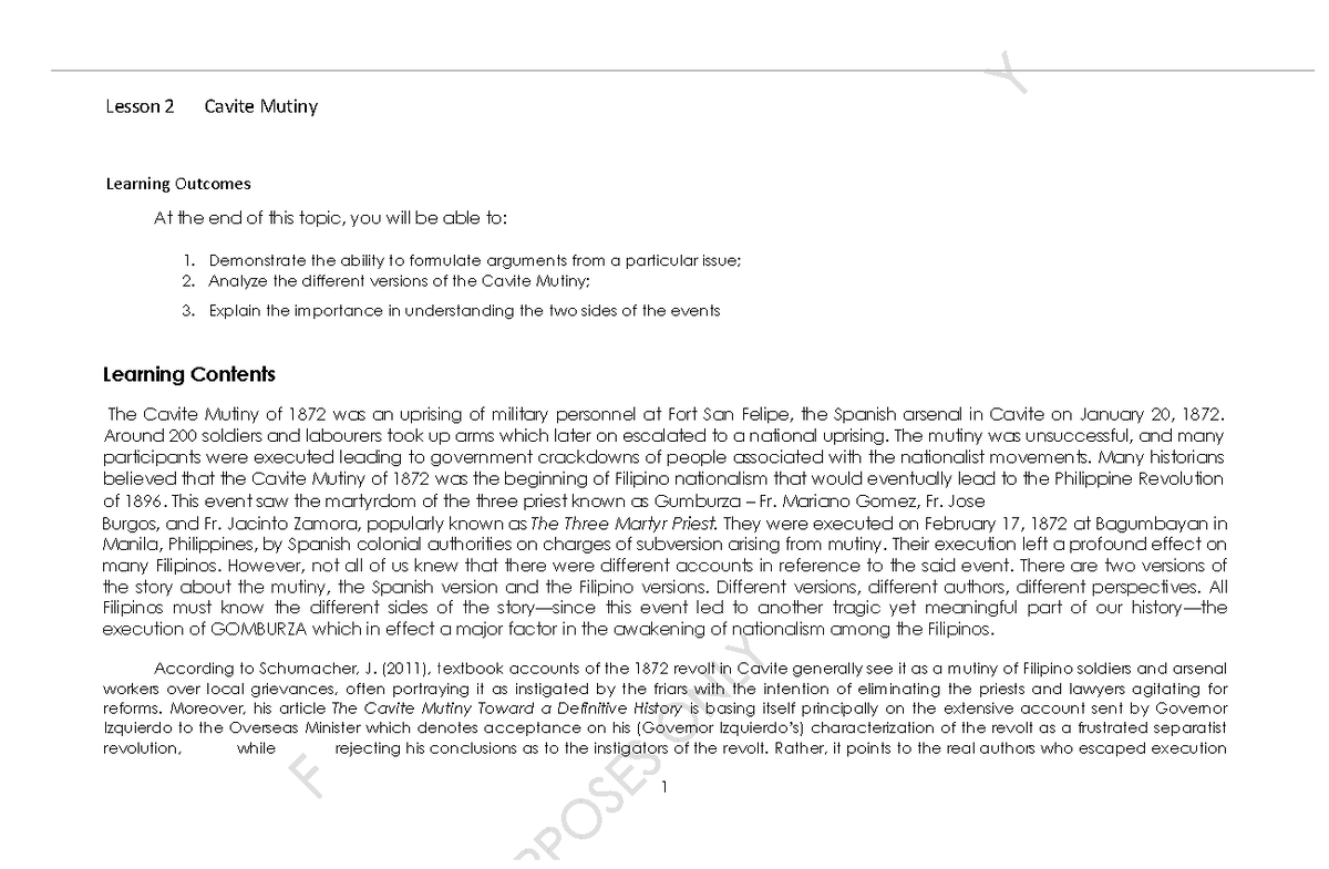 Cavite Mutiny and the Gomburza 1 - Lesson 2 Cavite Mutiny Learning Outcomes At the end of this ...