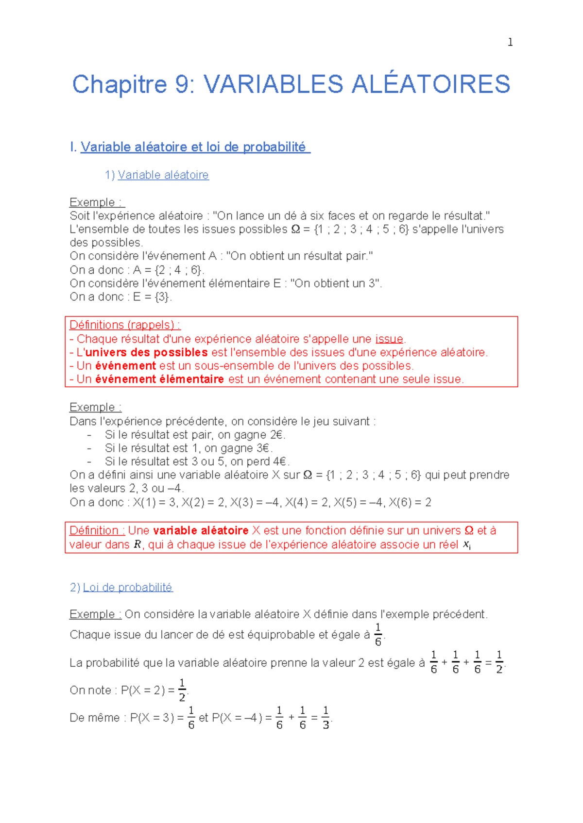 Cours variables aleatoires - Chapitre 9: VARIABLES ALÉATOIRES ####### I ...