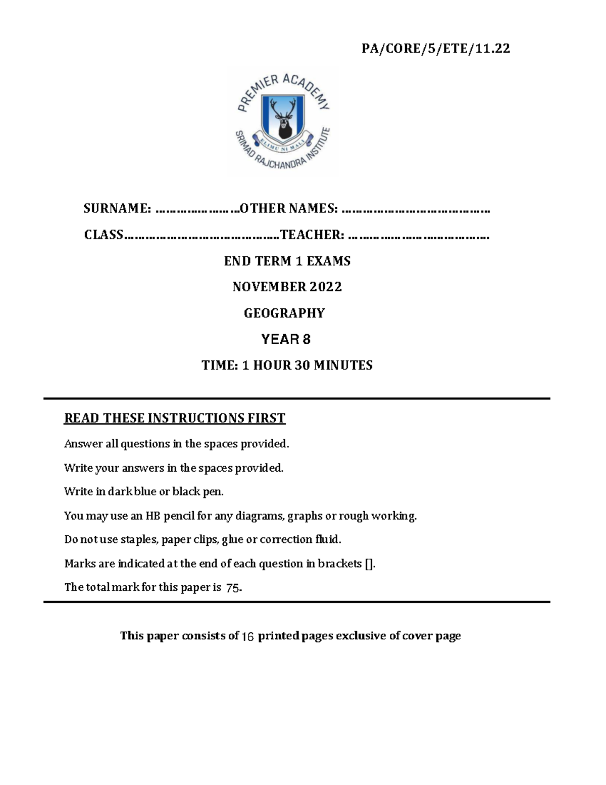 Y8 2022 ETE - paper - PA/CORE/5/ETE/11. SURNAME: ....................... NAMES: - Studocu