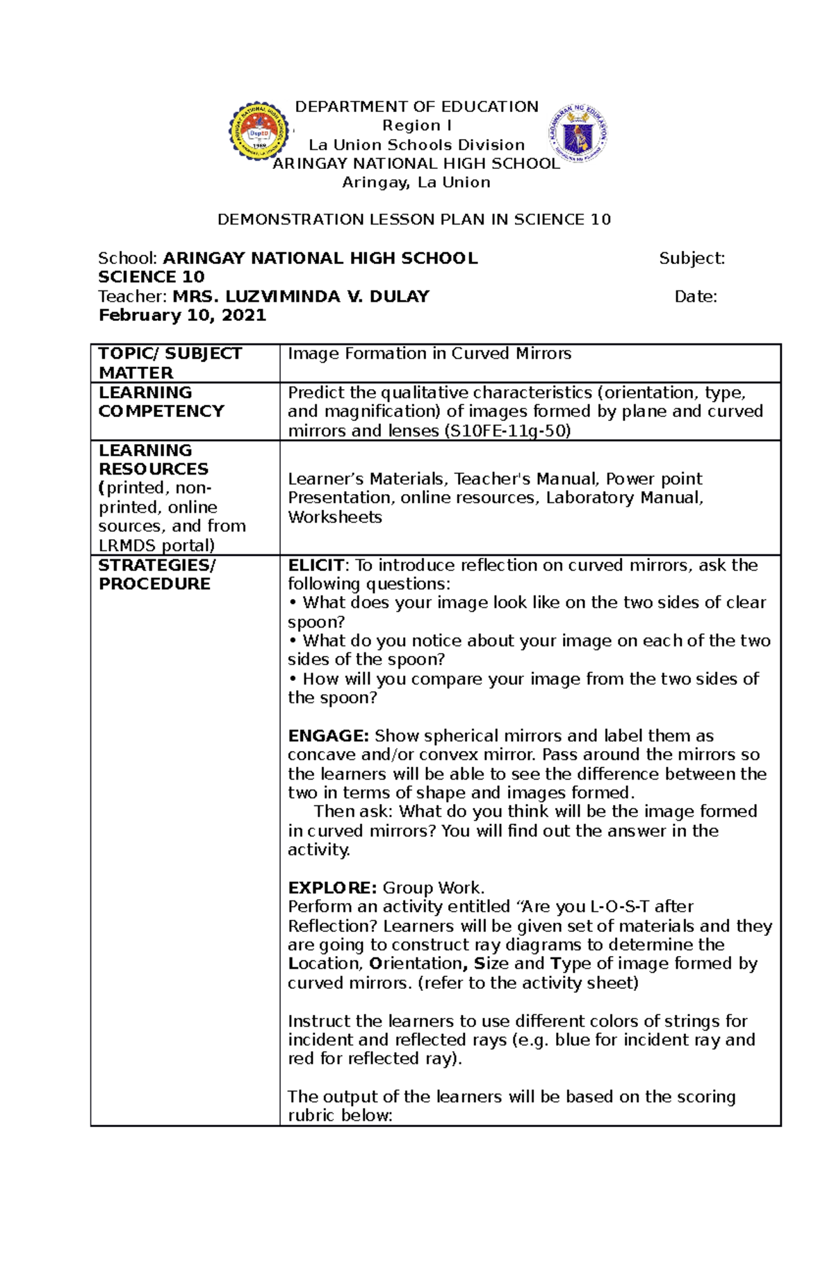 CO 1 lesson plan - Classroom Observation - DEPARTMENT OF EDUCATION ...