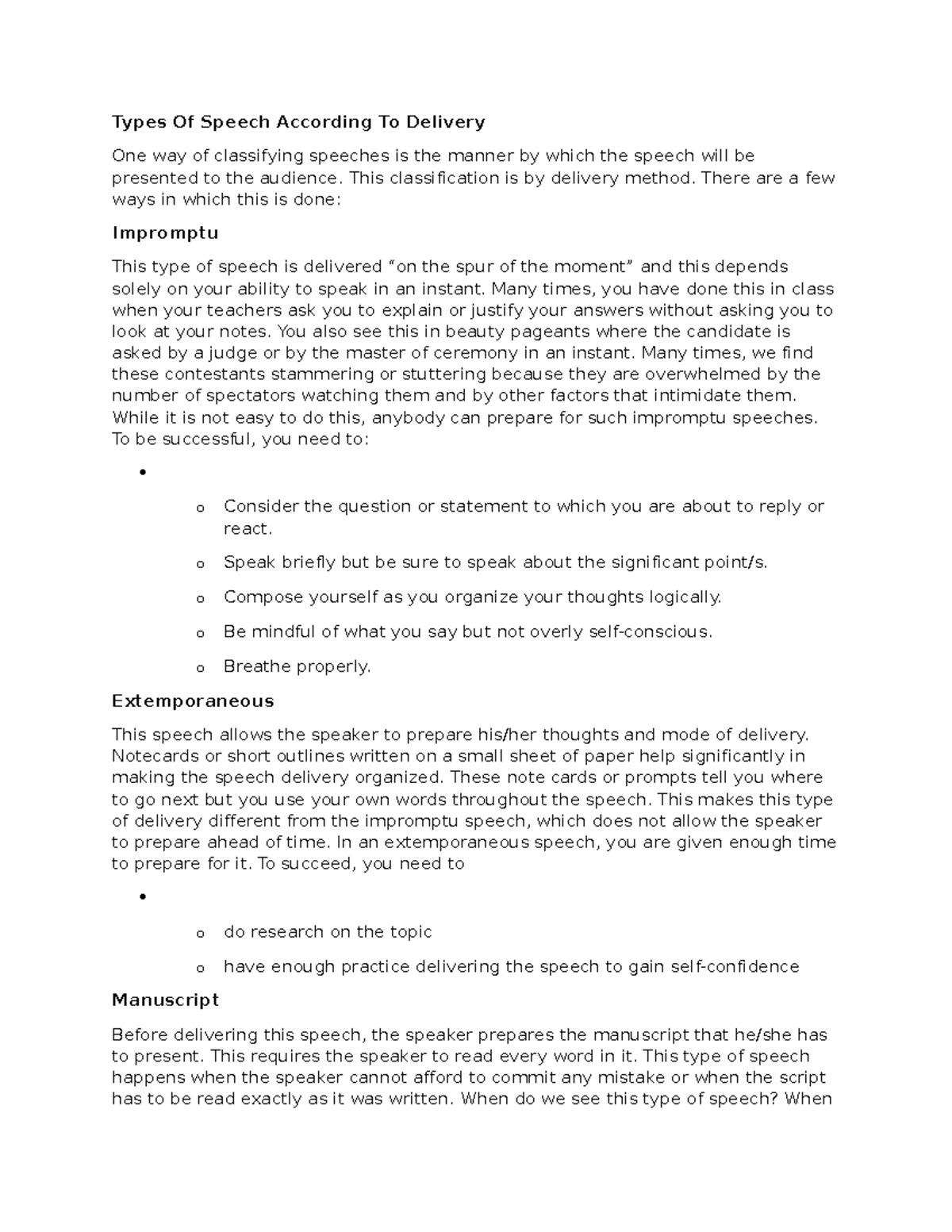 Speech- Delivery-AND- Purpose - Types Of Speech According To Delivery ...