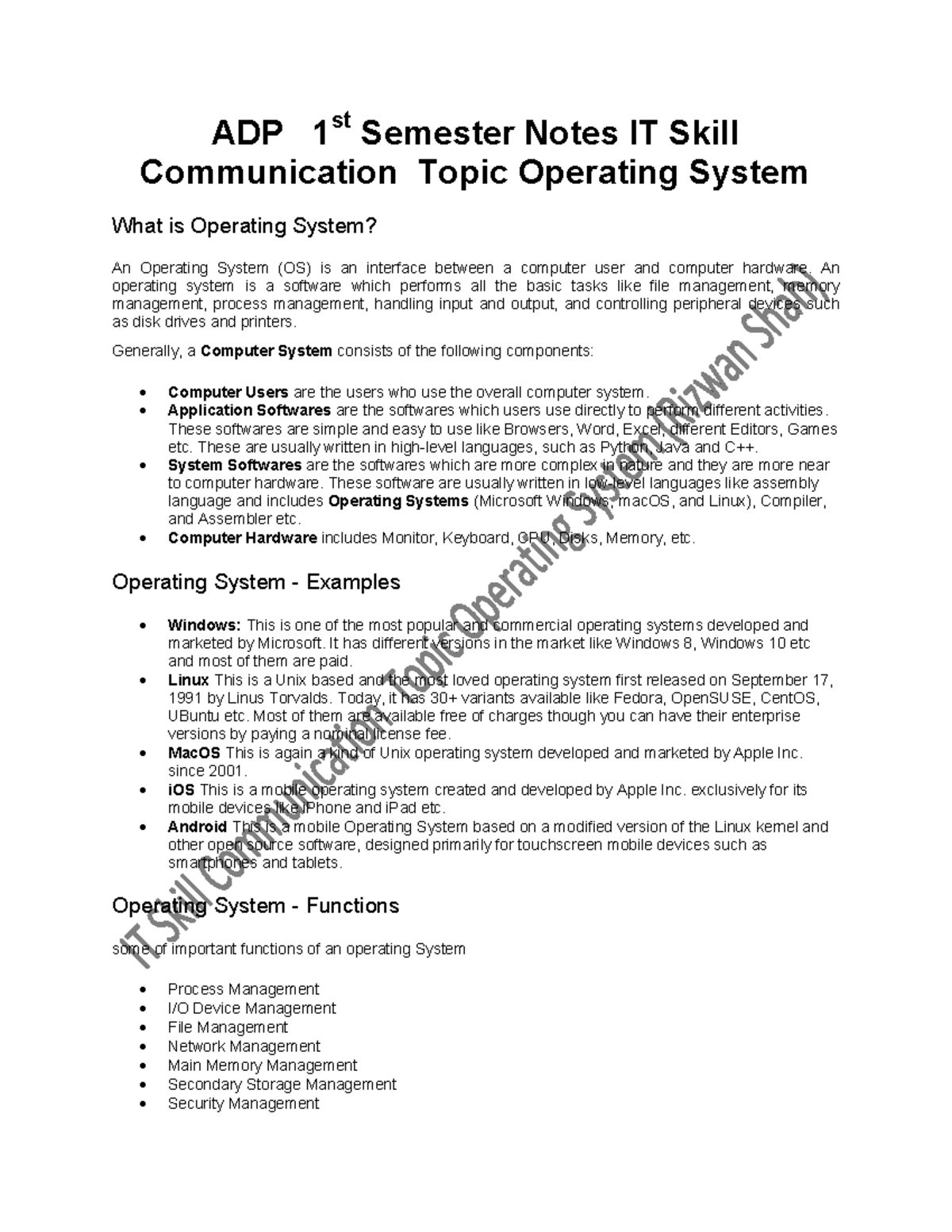 ADP 1st Semester Notes IT Skill Communication Topic Operating System ...