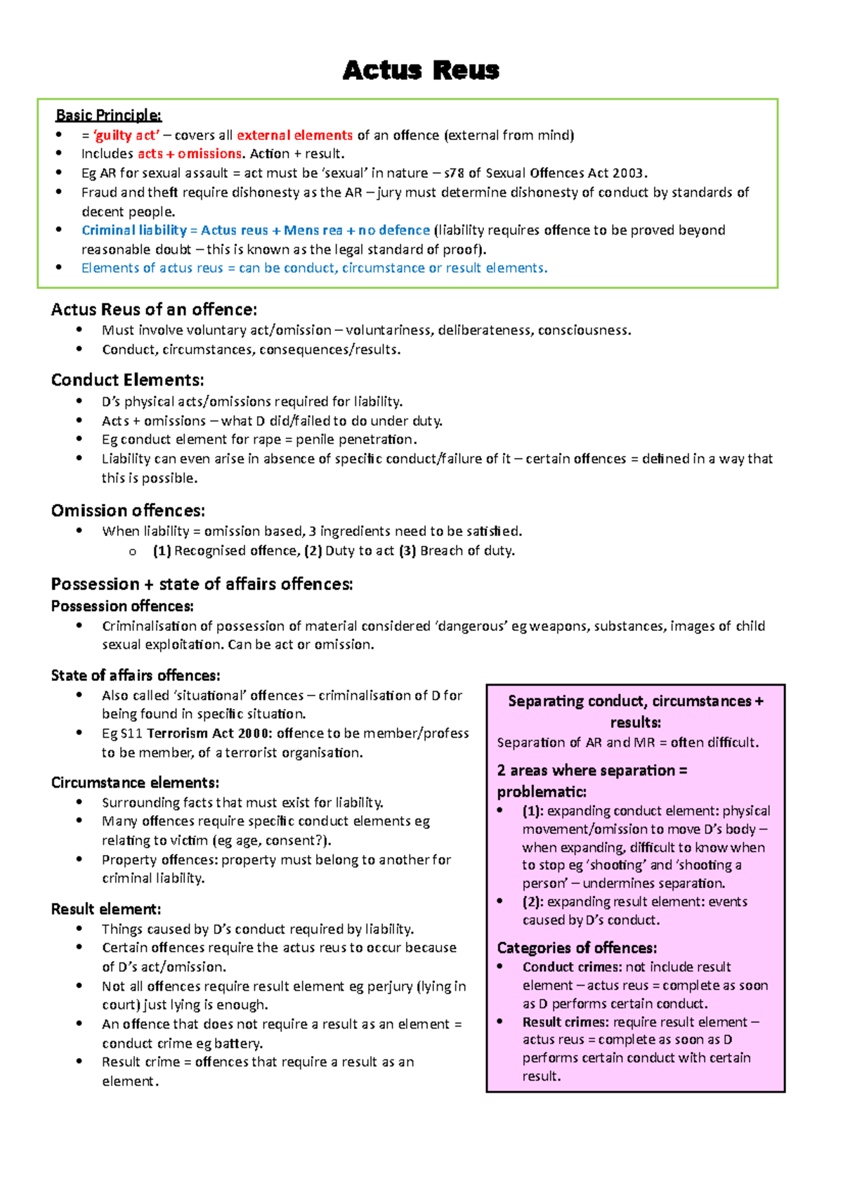Actus Reus condensed notes - Actus Reus Actus Reus of an offence: Must ...
