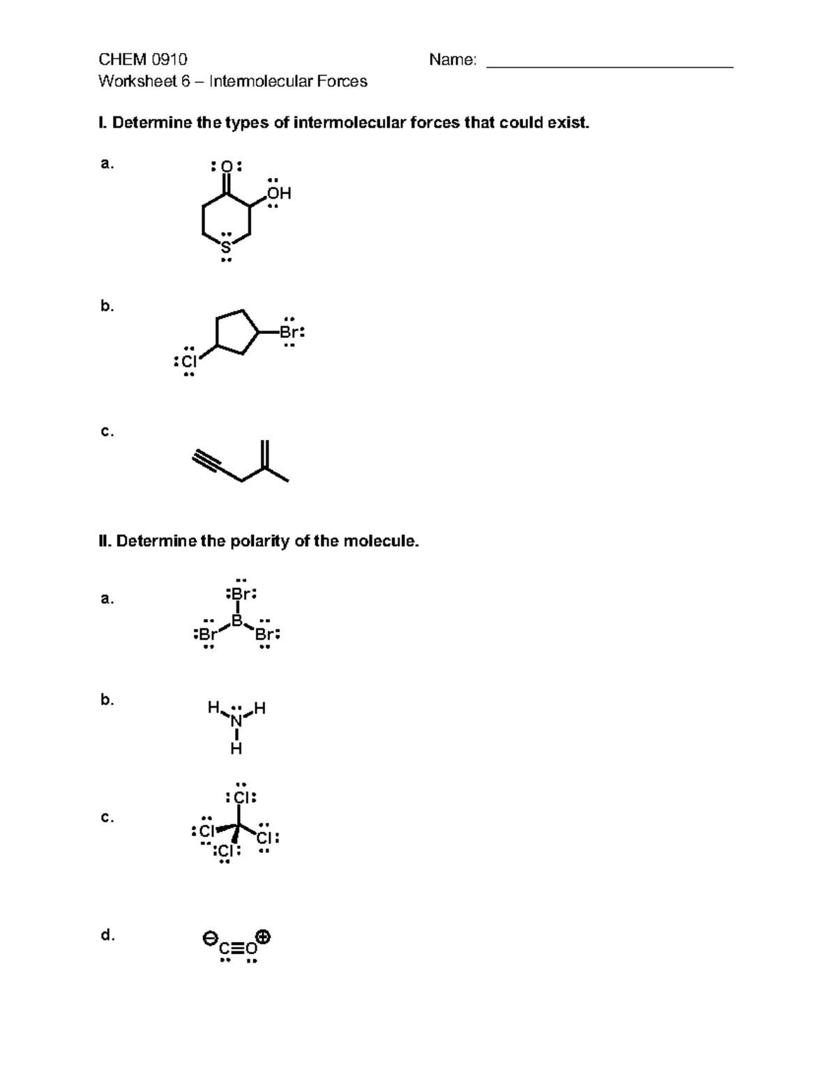 WS 6 - Intermolecular Forces - CHEM 0910 Name ...