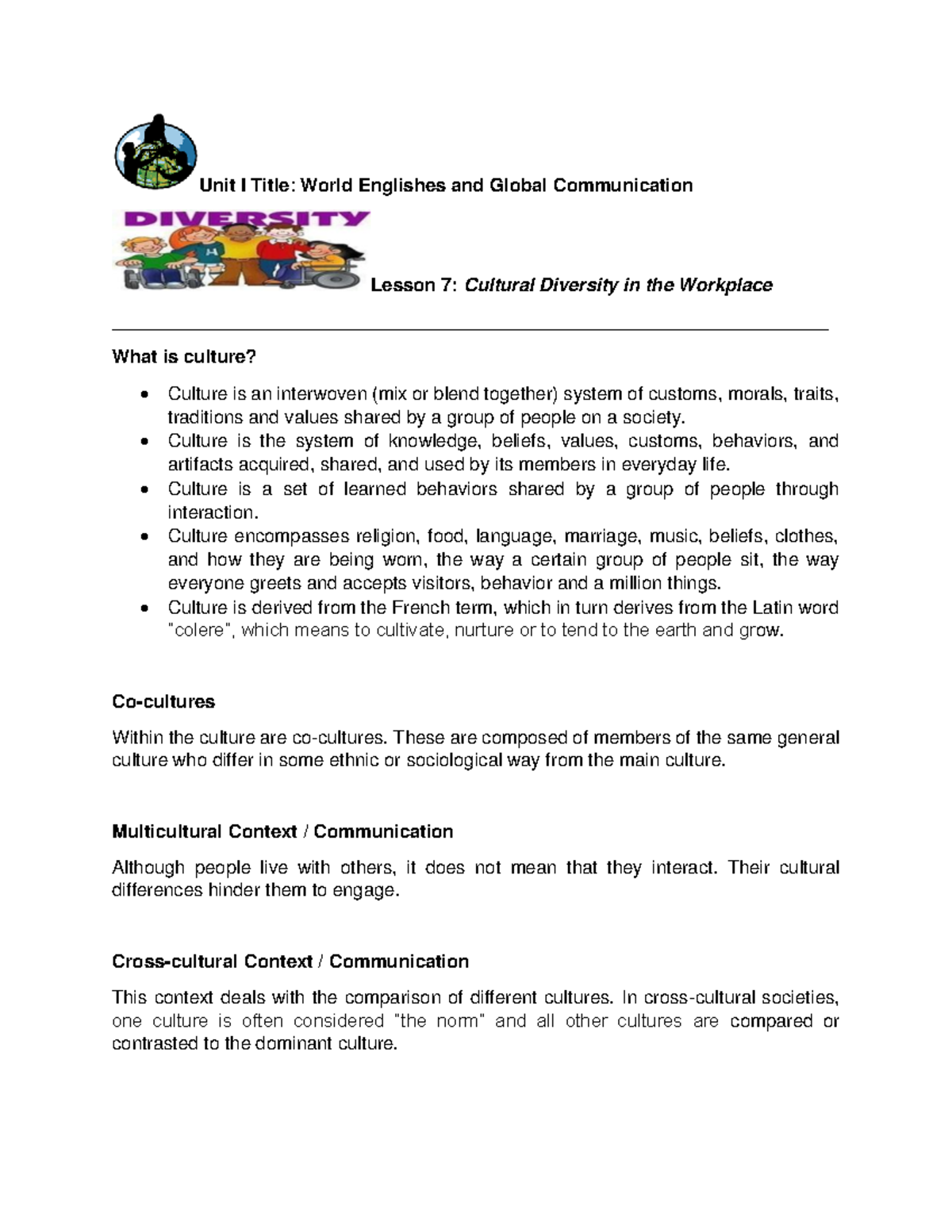 Lesson 7 Cultural Diversity in the Workplace - Unit I Title: World ...