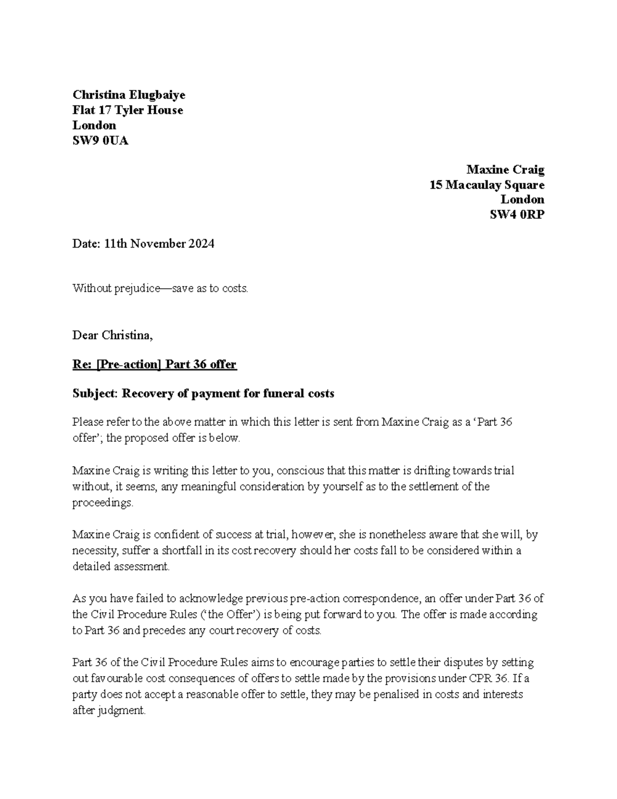 Part 36 Offer Letter Christina Elugbaiye - Christina Elugbaiye Flat 17 ...