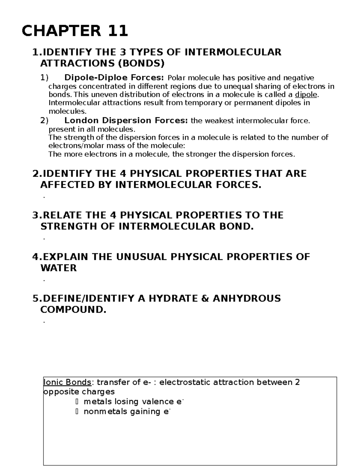 Chapter 11,12,13,14,18 - CHAPTER 11 1 THE 3 TYPES OF INTERMOLECULAR ...